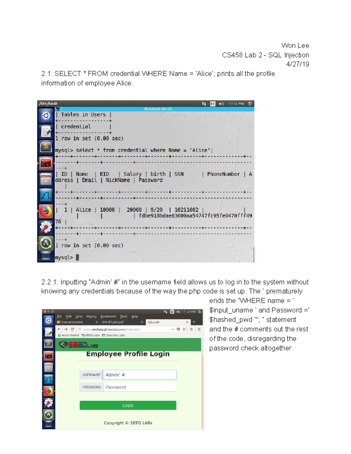 Cs458 Lab 2 Sql Injection Attack Won Lee Cs458 Lab 2 Sql Injection 4 27 2 Select From