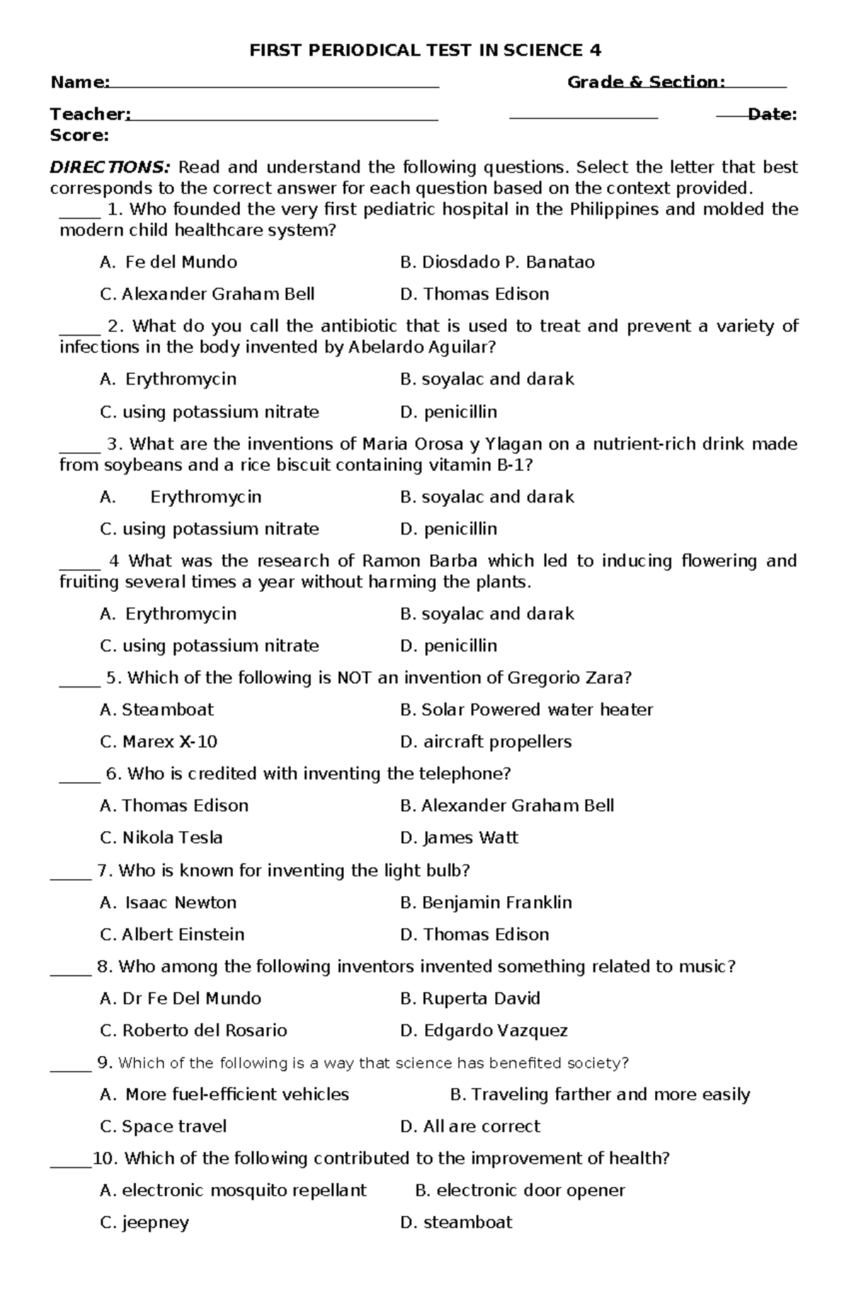 Q1-PT- Science 4 - GDGG - FIRST PERIODICAL TEST IN SCIENCE 4 Name ...
