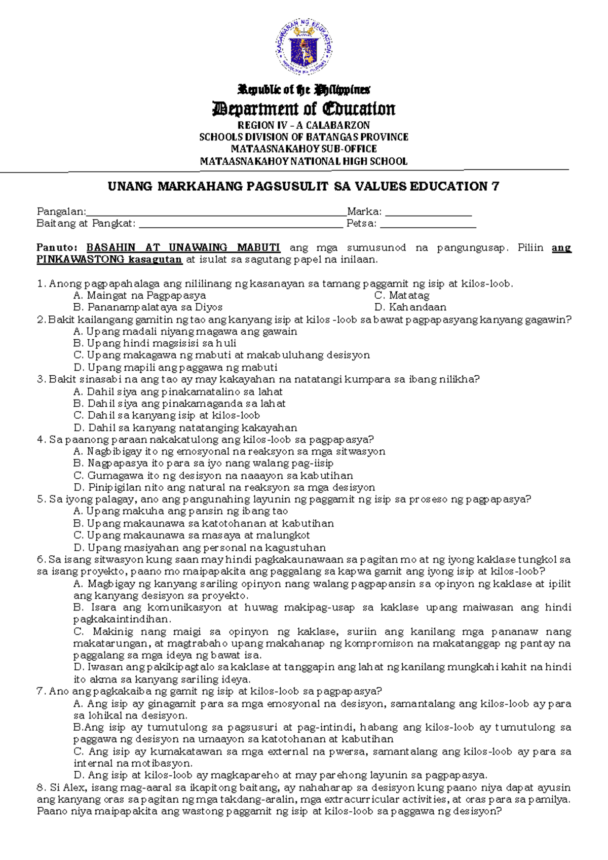 Values ED. Matatag (1)final - Republic of the Philippines Department of ...