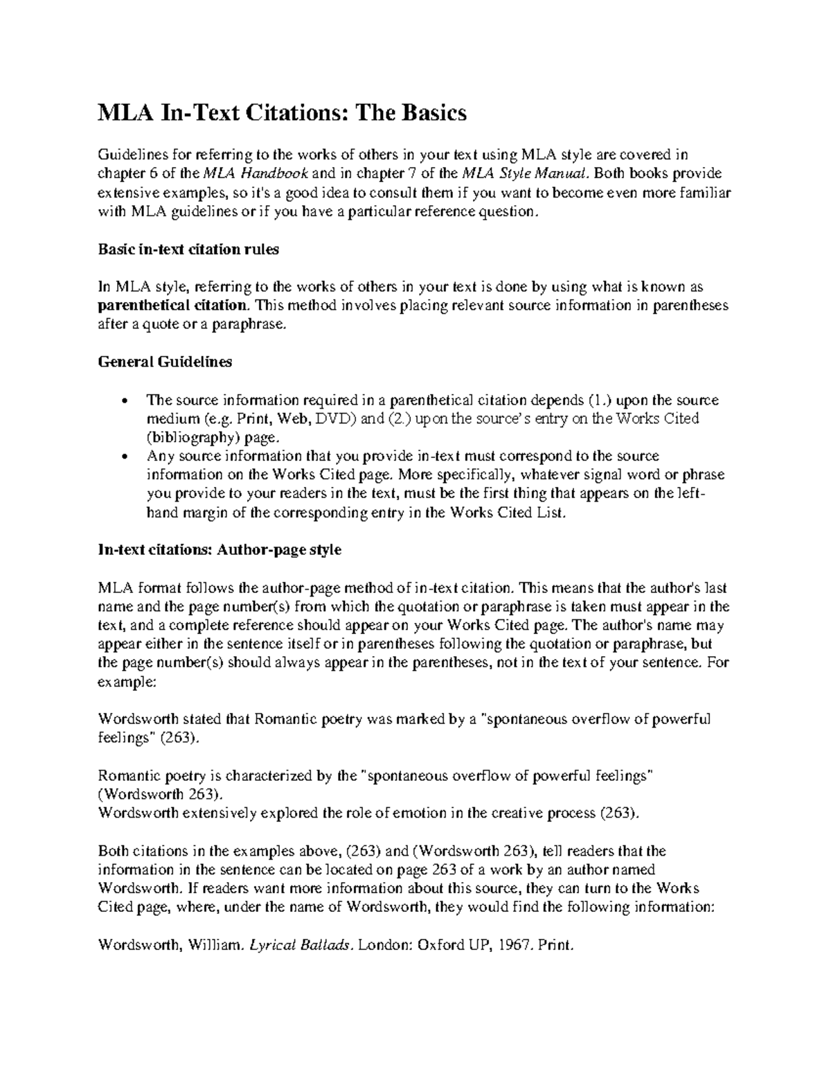 MLA - Excellent MLA citations - MLA In-Text Citations: The Basics Guidelines for referring to ...