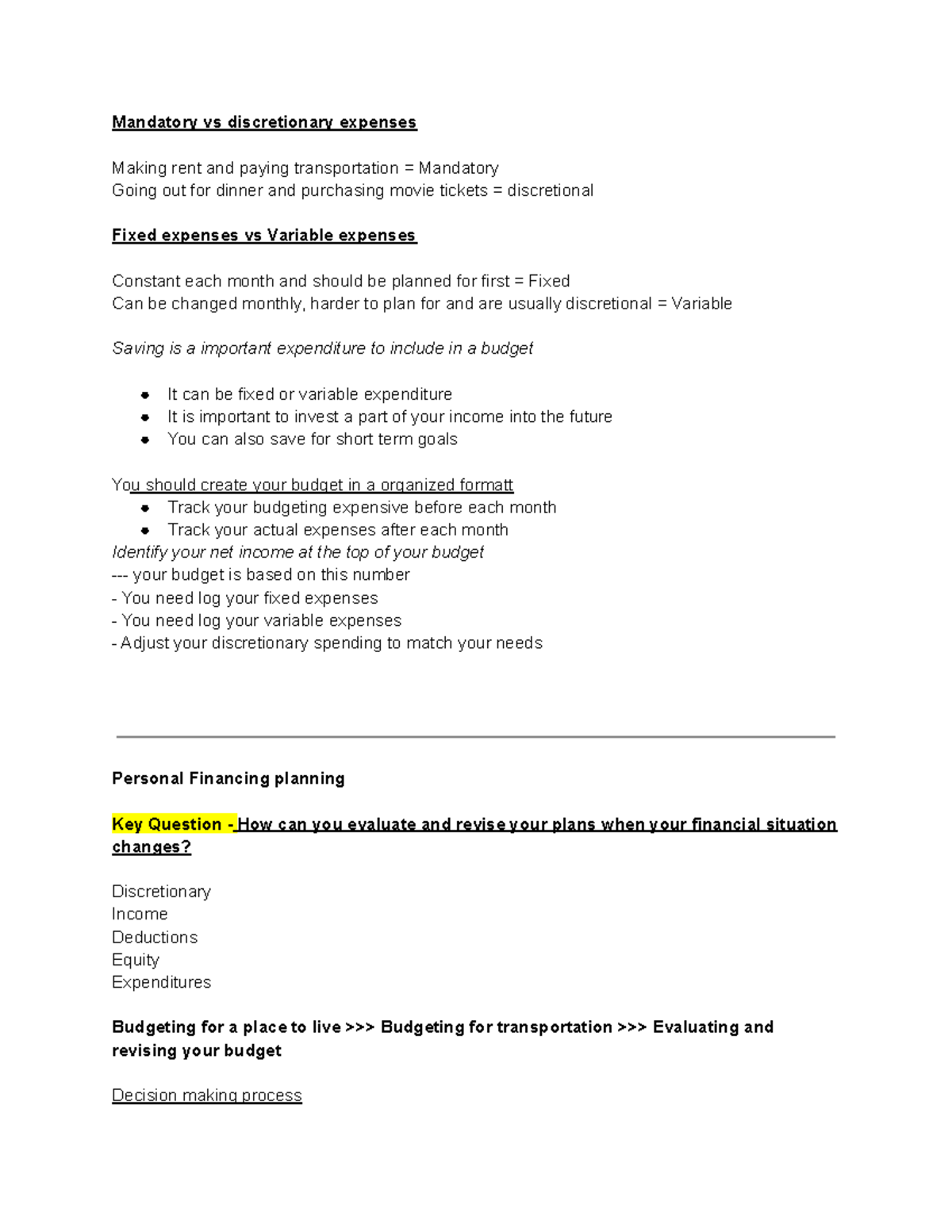 Personal finance - Lecture notes - Mandatory vs discretionary expenses ...
