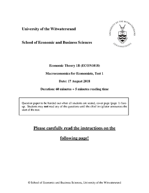 Tut 3 Soln Macro - ECON 1018: ECONOMIC THEORY 1B TUTORIAL 3 Written Questions Question 1 Discuss ...