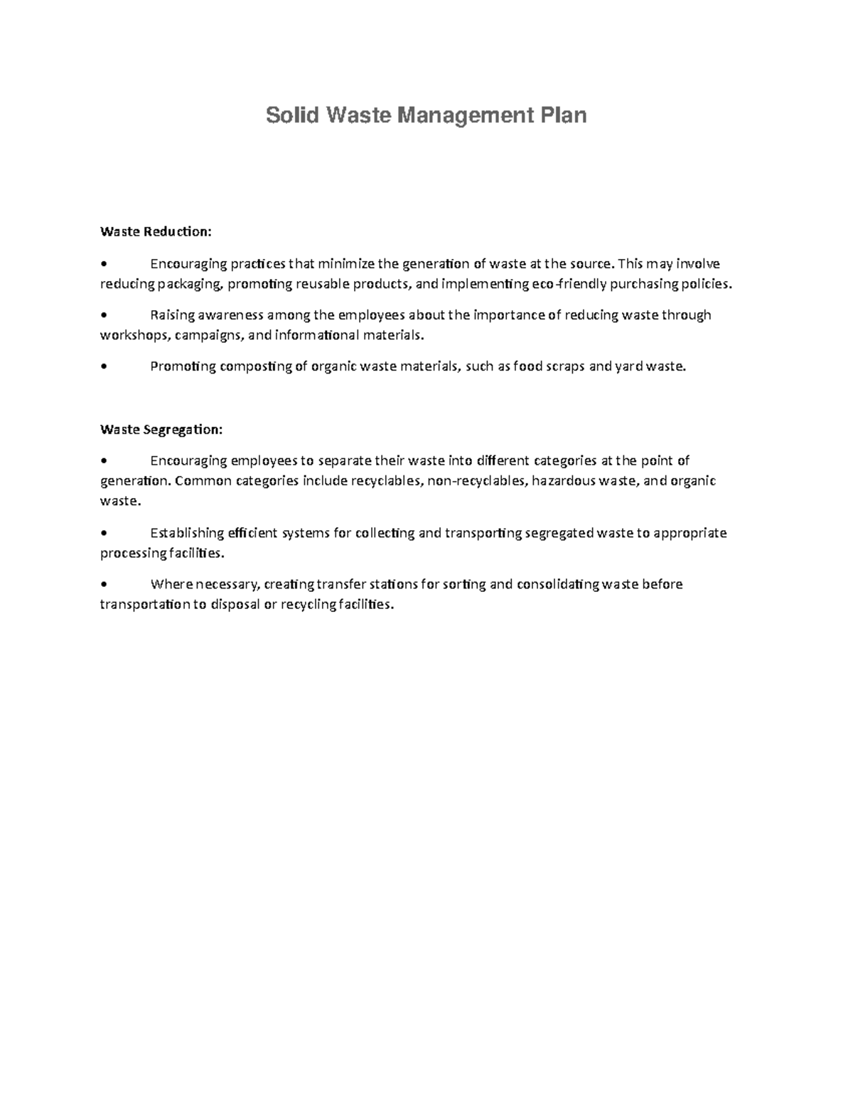Solid waste management plan - Solid Waste Management Plan Waste Reduction: Encouraging practices ...