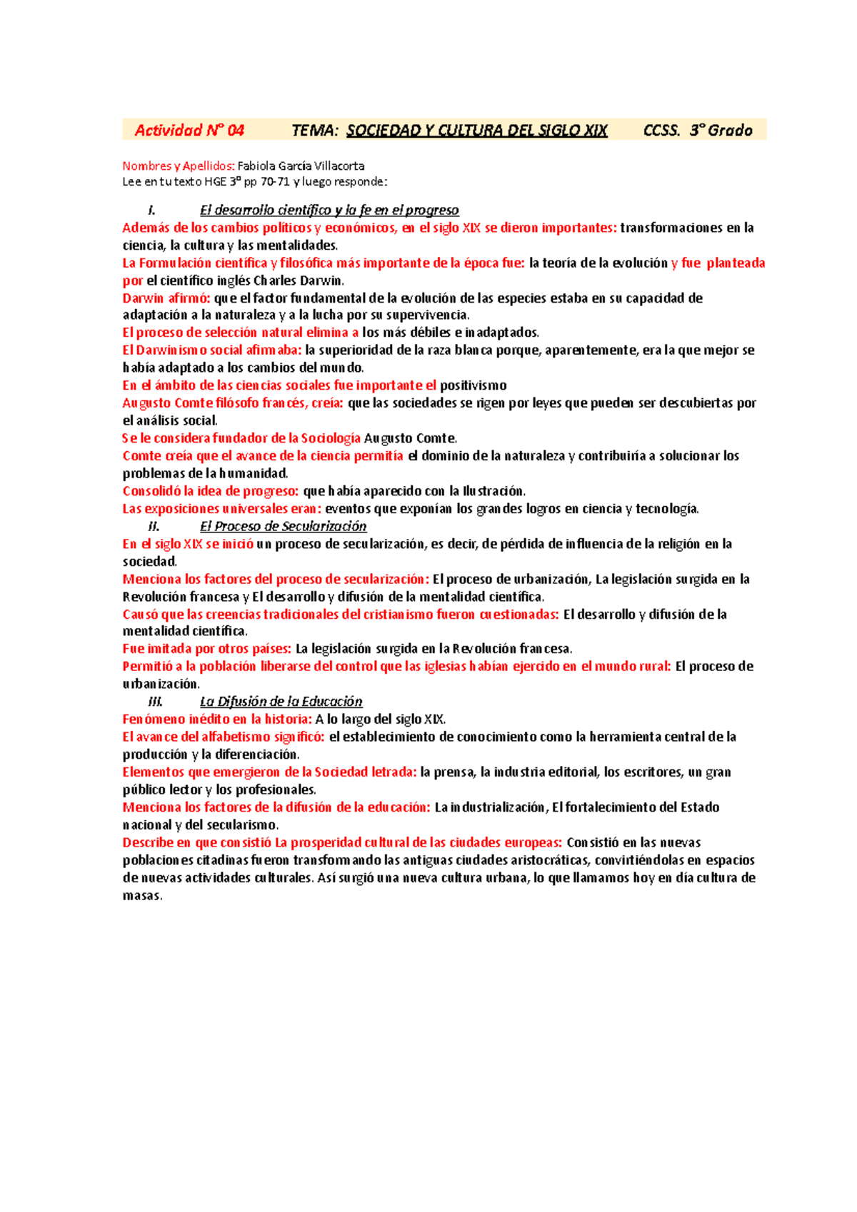 3° Grado CCSS. Ficha N°04 IV BIM García Fabiola 3ro D - Actividad N° 04 TEMA: SOCIEDAD Y CULTURA ...