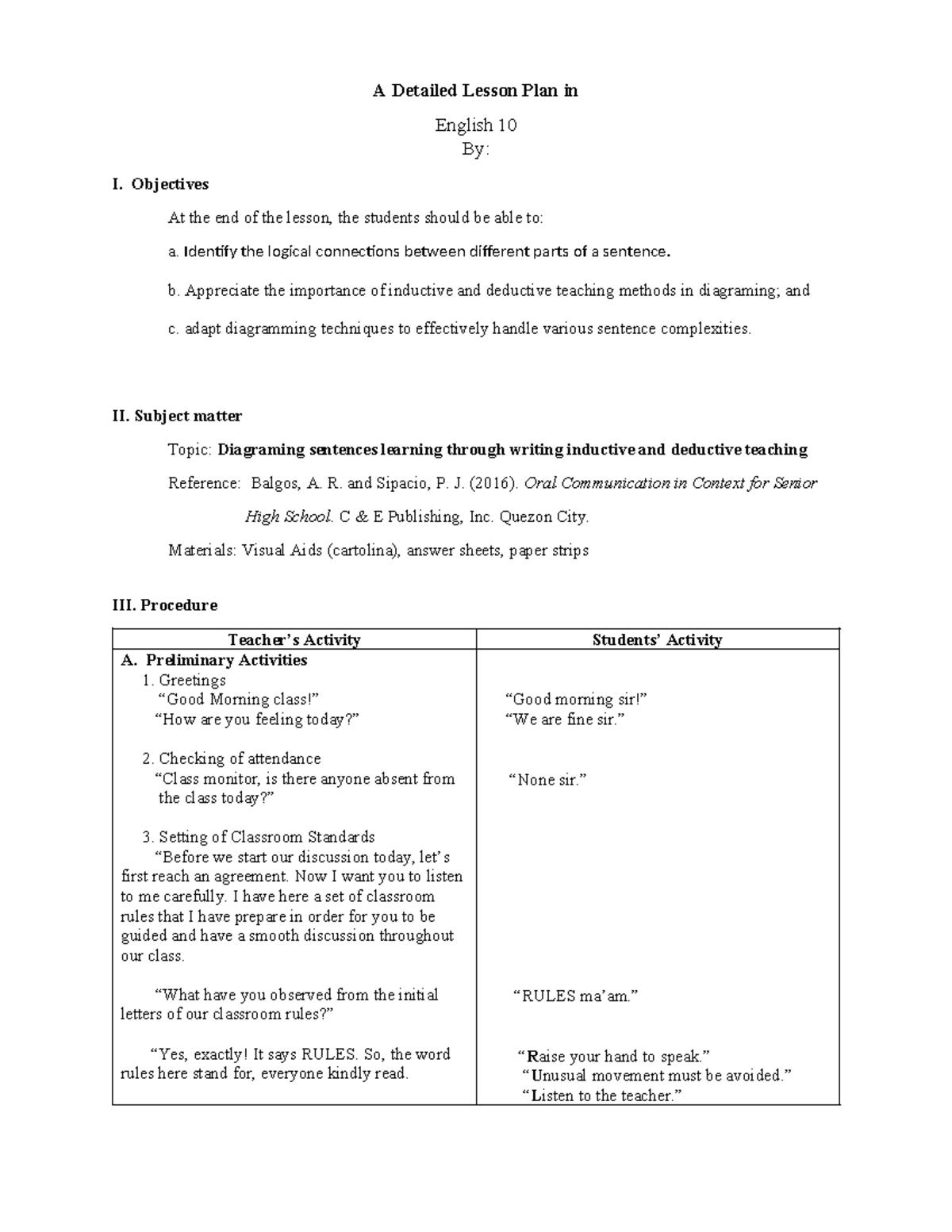 Lesson PLAN Deductive and inductive teaching - A Detailed Lesson Plan ...