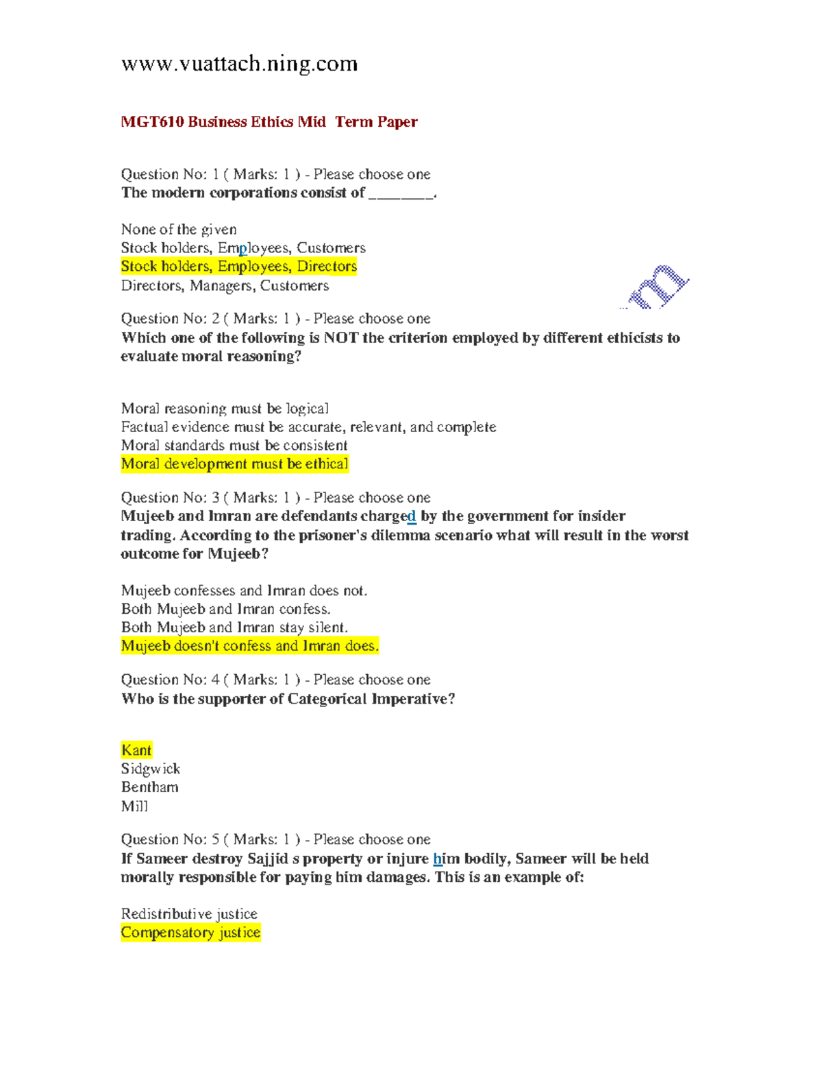 MGT610-Solved Midterm MCQS - MGT610 Business Ethics Mid Term Paper ...