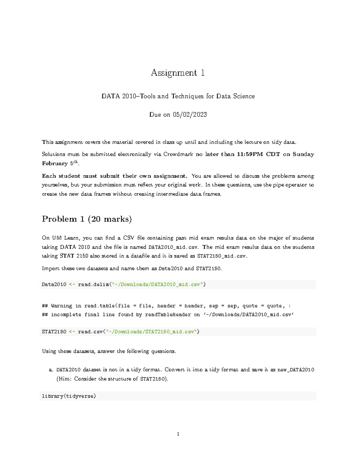 Assignment 1 - Solutions must be submitted electronically via Crowdmark ...