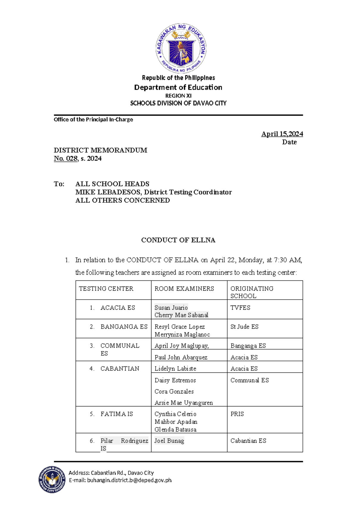 District Memorandum 28 s 2024 Conduct of Ellna - Republic of the ...