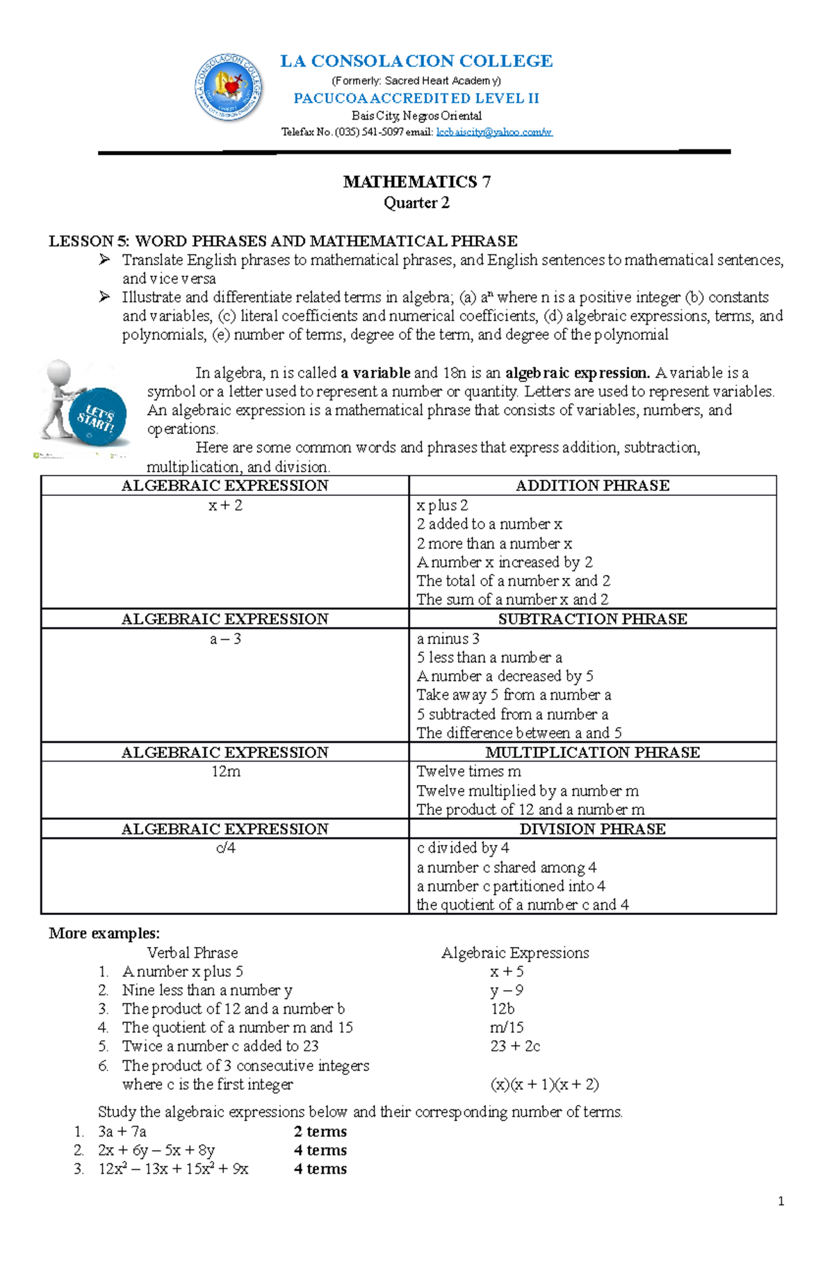 Math 7 - Word Phrases and Mathematical Phrase - LA CONSOLACION COLLEGE ...