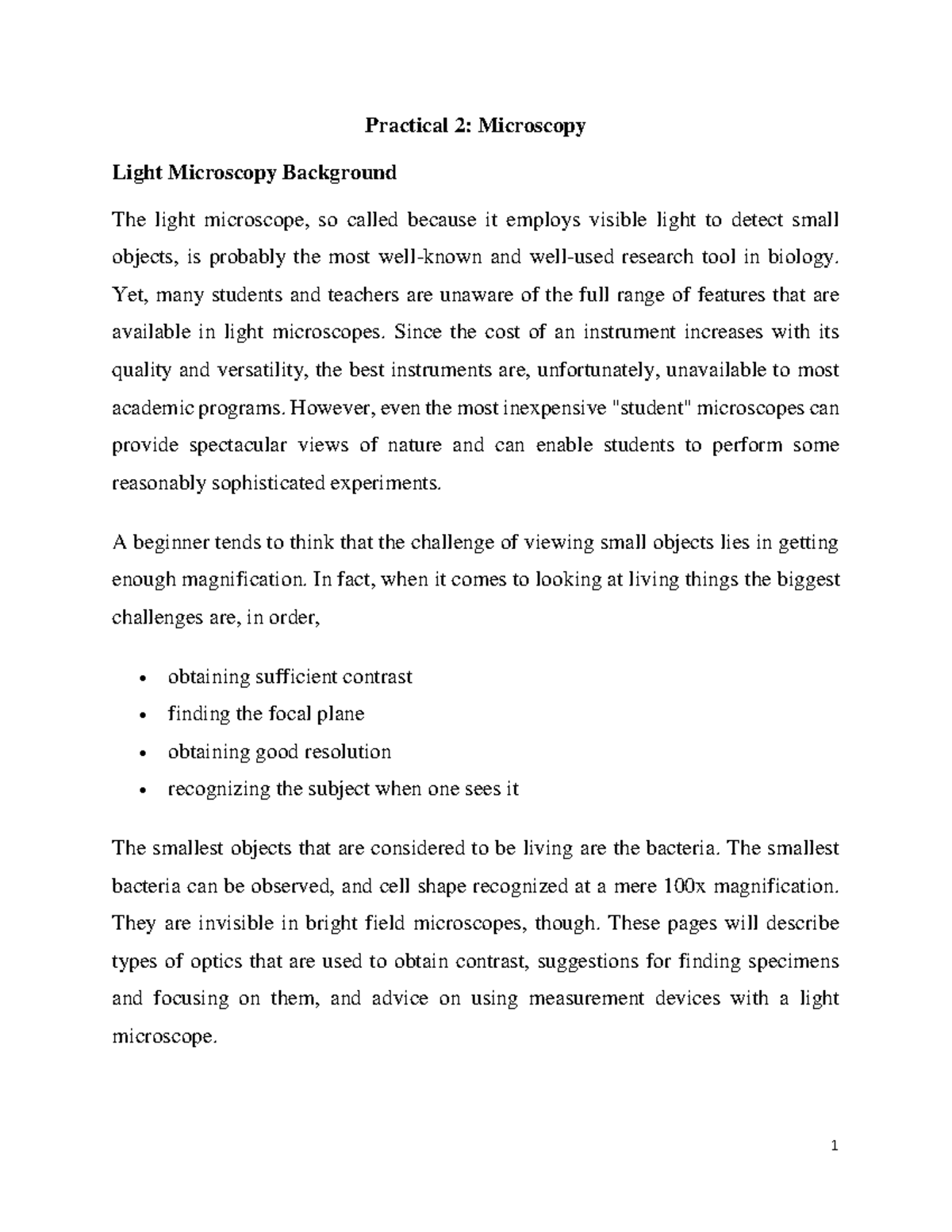 Practical 2 Microscopy - Practical 2 : Microscopy Light Microscopy ...