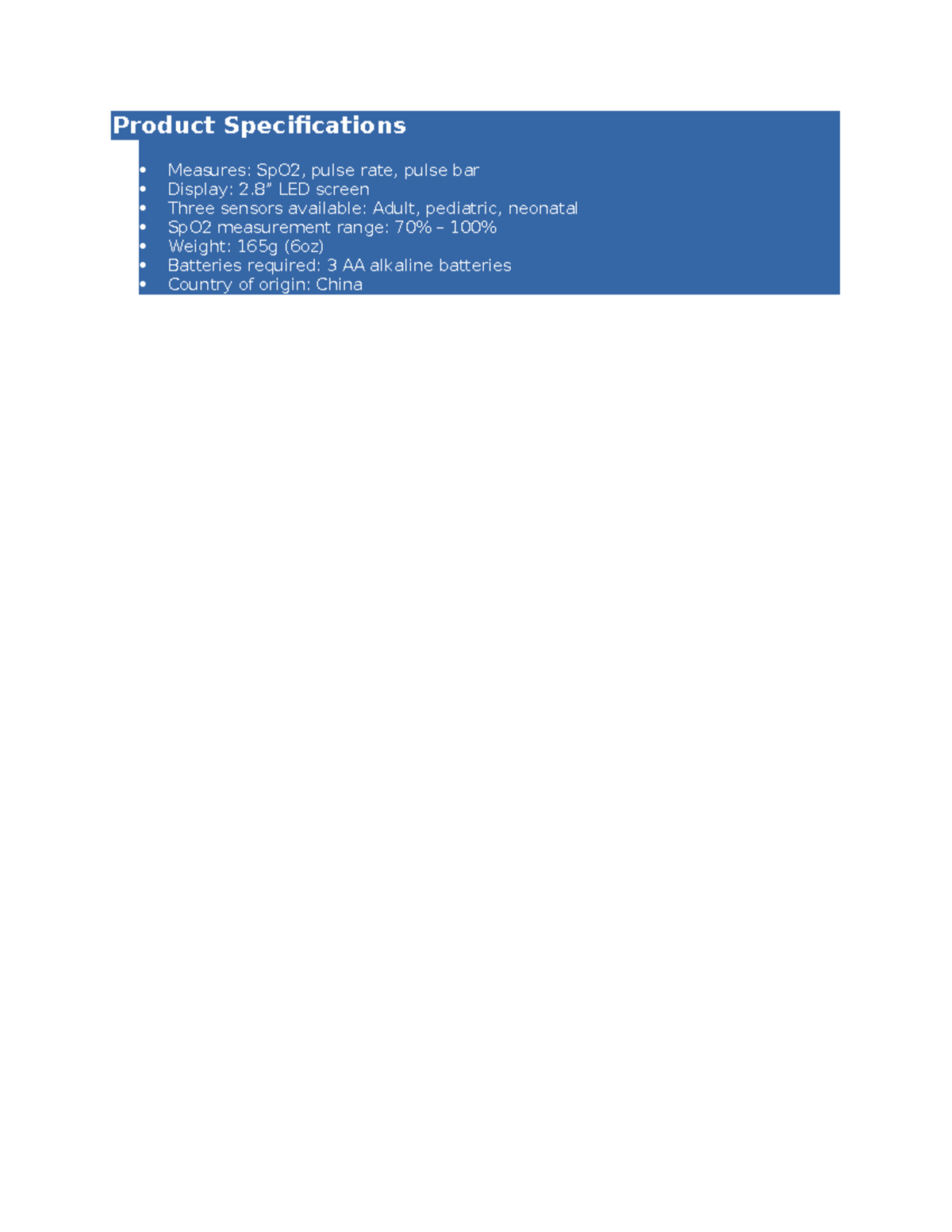 Pulse oximeter specs - Product Specifications Measures: SpO2, pulse ...
