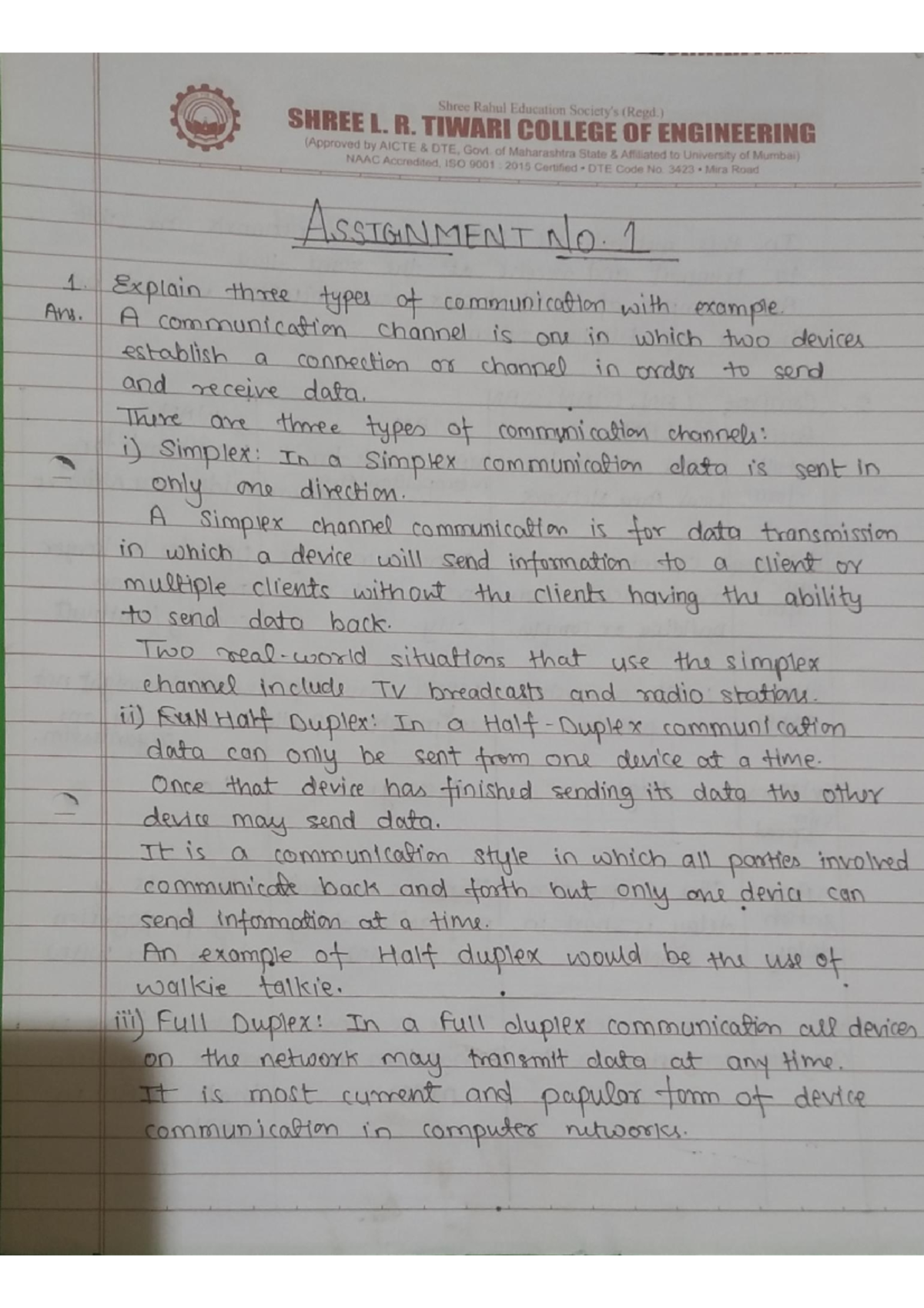 A CN Assignment 1 - Computer network summary - SHREE L. R. TIWARI COLLEGE OF ENGINEERING Shree ...