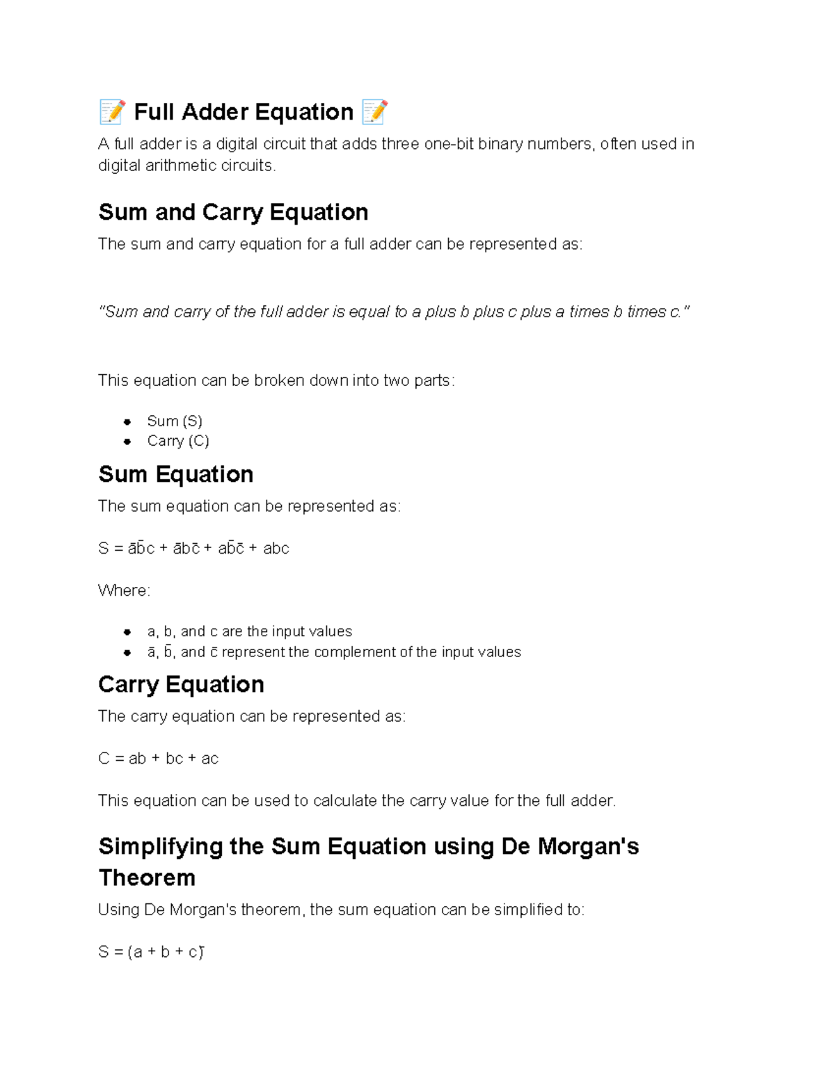 LEC Delete Later - LEC NOTE - 📝 Full Adder Equation 📝 A full adder is a ...