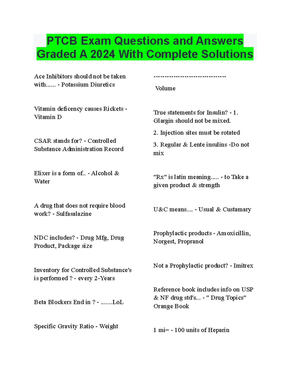 PTCB Exam Questions and Answers Graded A 2024 With Complete Solutions ...