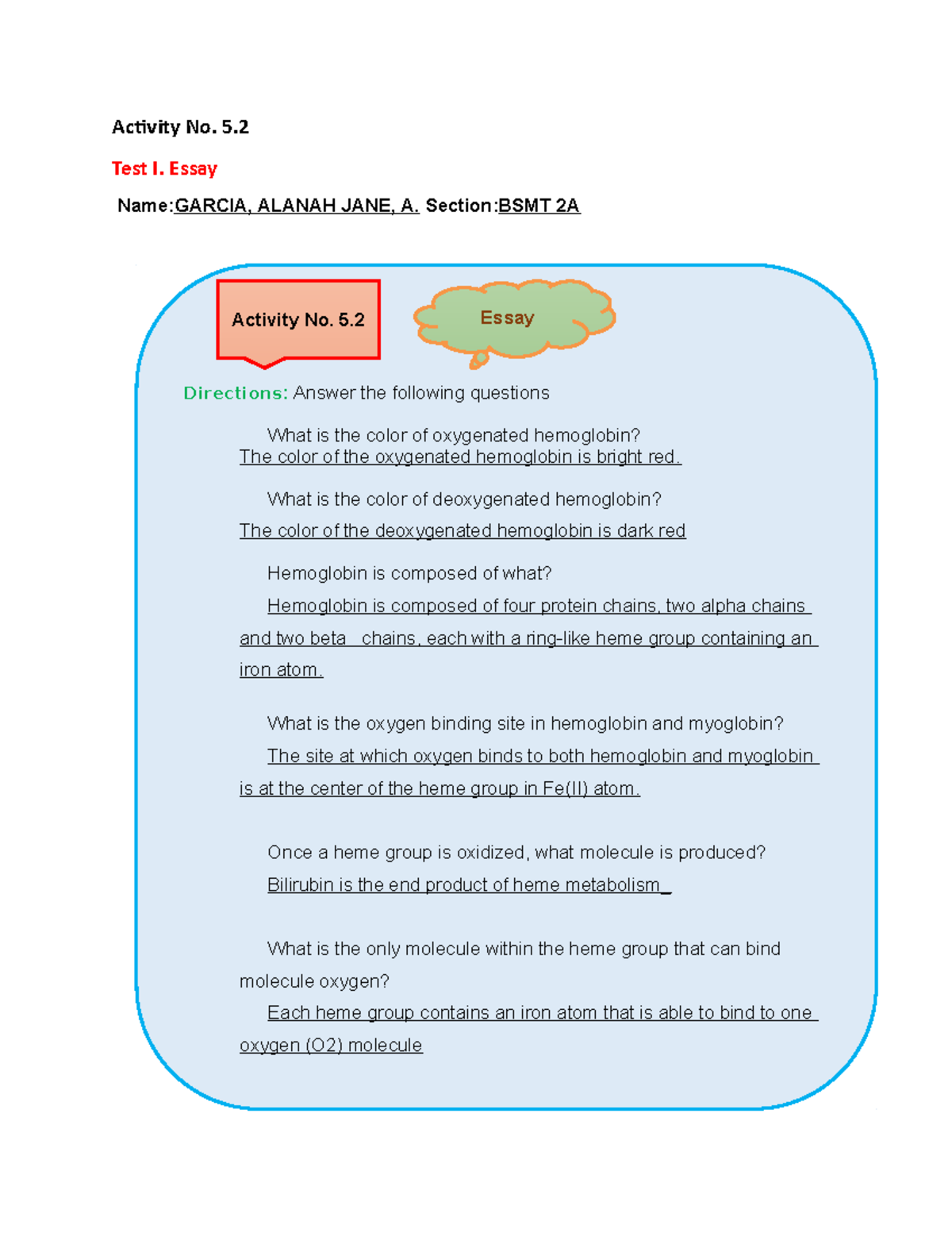 Activity No. 5.2 Essay - Activity No. 5. Test I. Essay Name:GARCIA ...