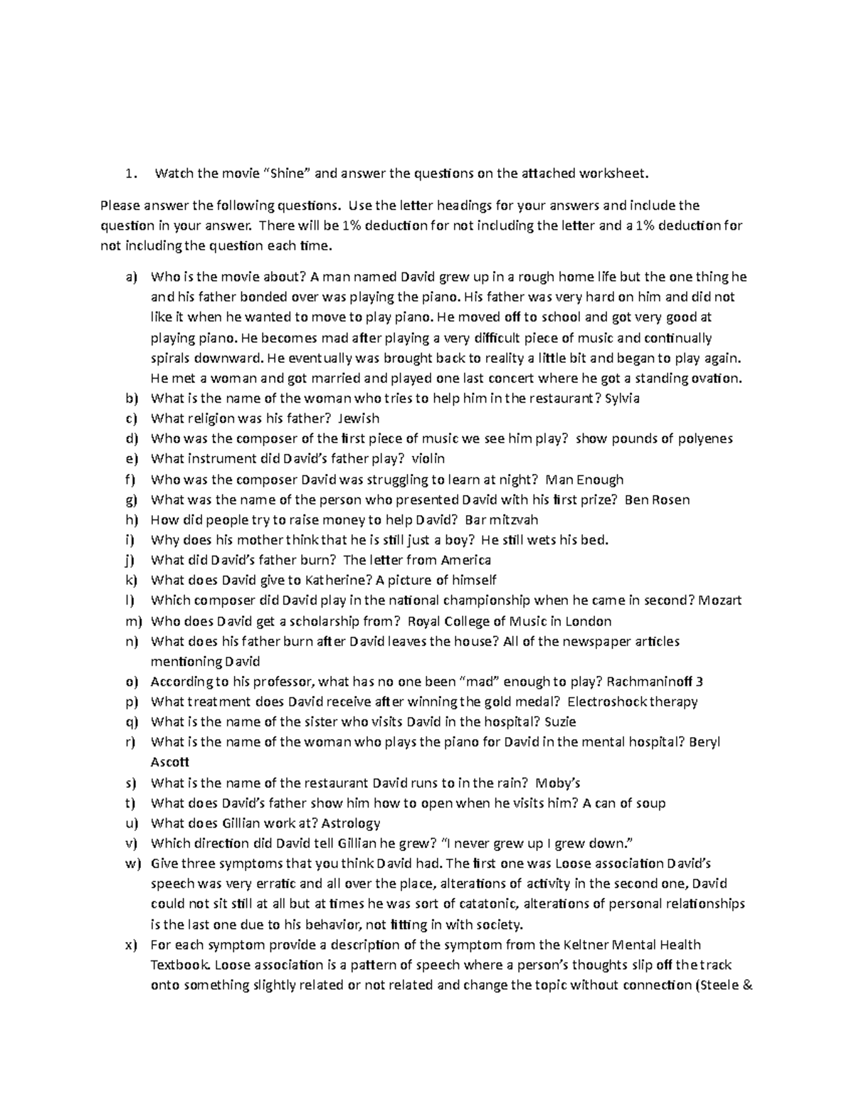 Shine Self study - Watch the movie “Shine” and answer the questions on ...