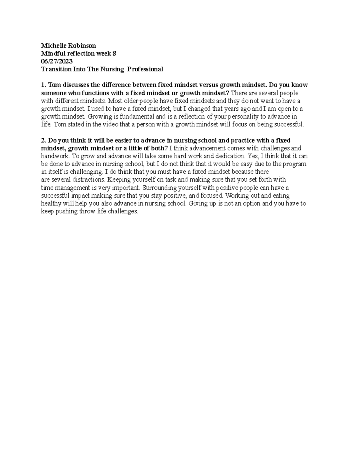 Week 8 Reflection TR Michelle Robinson - Michelle Robinson Mindful reflection week 8 06/27 ...