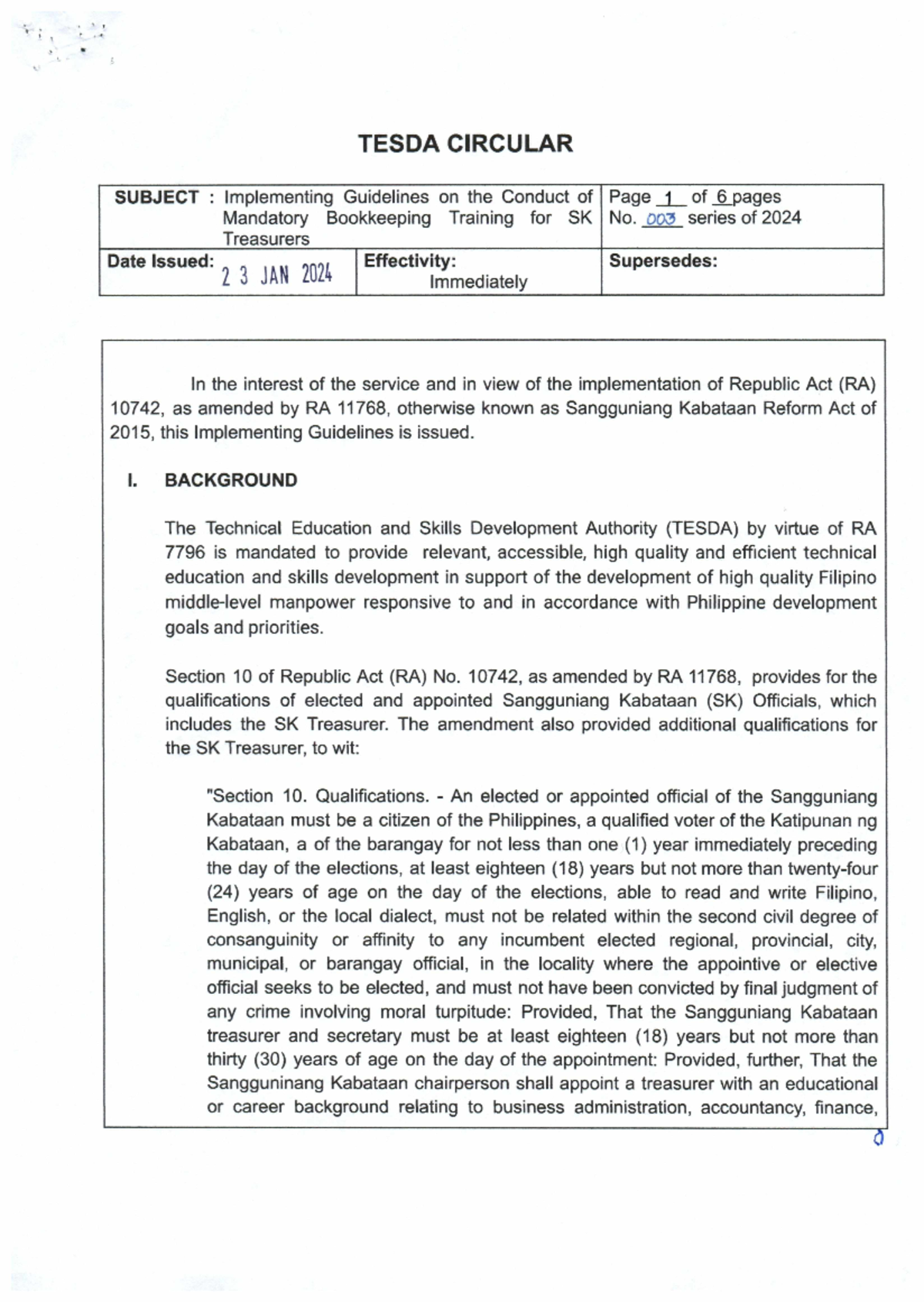 Tesda Circular No. 003-2024 - SUBJECT : Implementing Guidelines on the ...