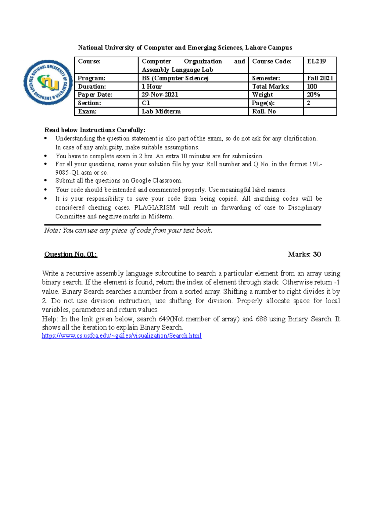 COAL Lab Mid Exam - National University of Computer and Emerging ...