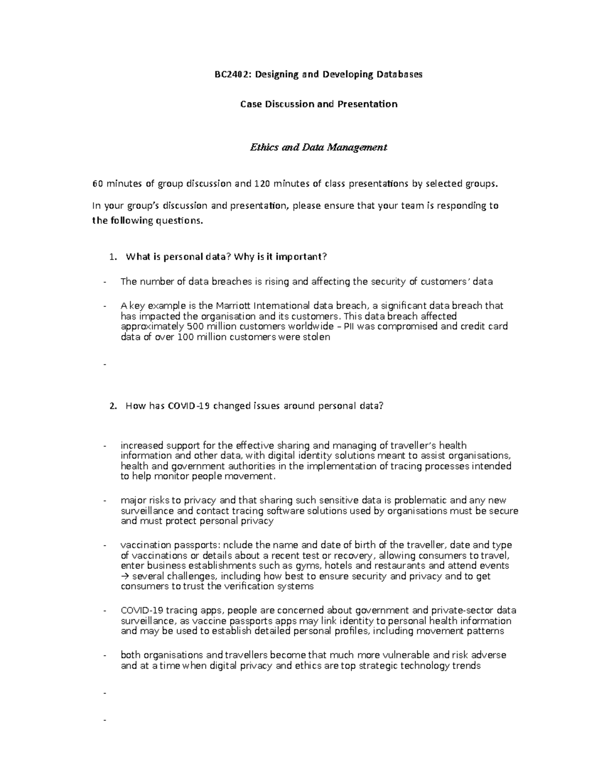 Questions on Ethics and Data Management - BC2402: Designing and ...