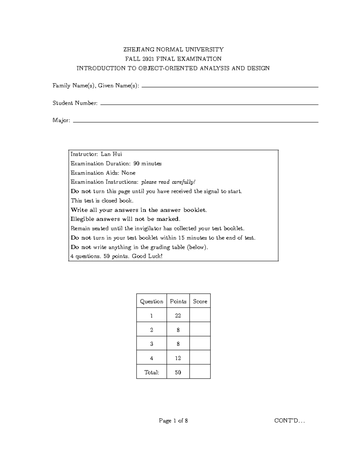 Final - ZHEJIANG NORMAL UNIVERSITY FALL 2021 FINAL EXAMINATION ...