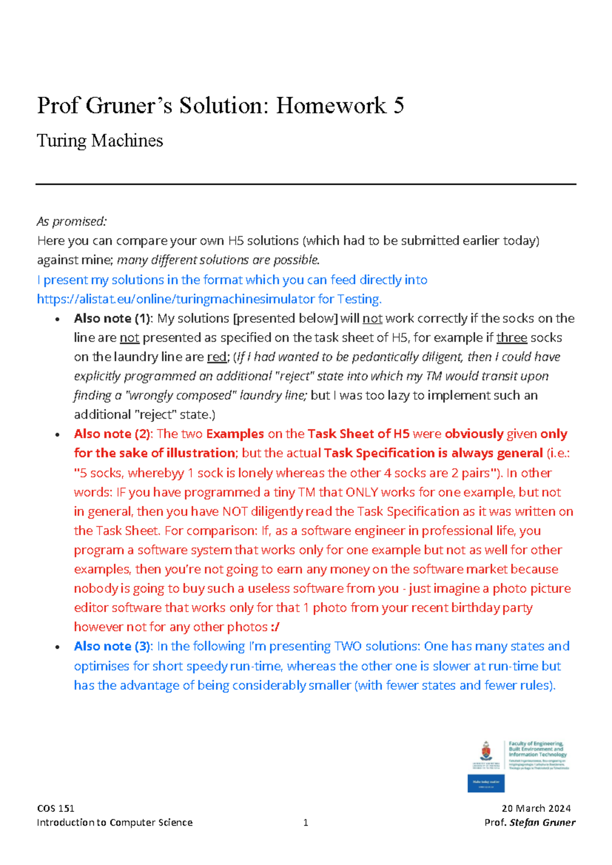 Homework 5 - COS151 - COS 1 51 20 March 2024 Introduction to Computer Science 1 Prof. Stefan ...