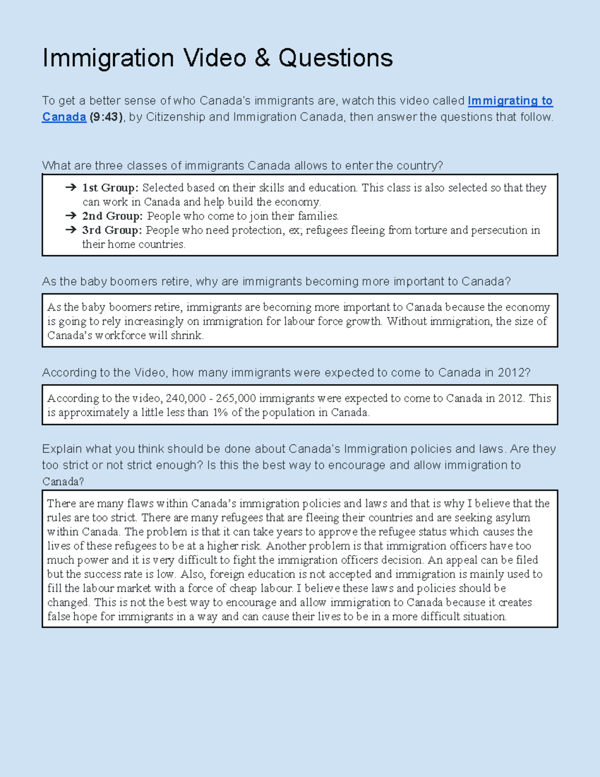 Imigration Video and Questions - Immigration Video & Questions To get a ...