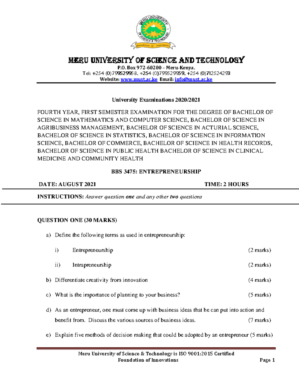 BBS 3475 Entrepreneurship - Meru University of Science & Technology is ISO 9001:2015 Certified ...