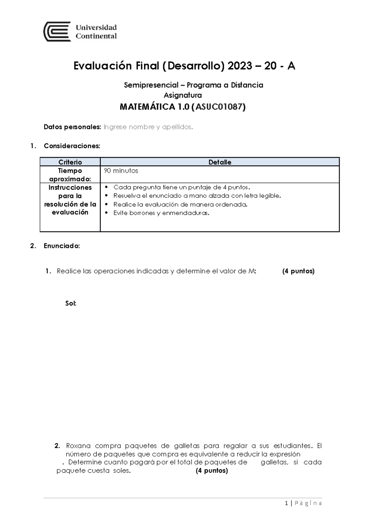 Evaluación Final Matemática - Evaluación Final (Desarrollo) 2023 – 20 - A Semipresencial – - Studocu