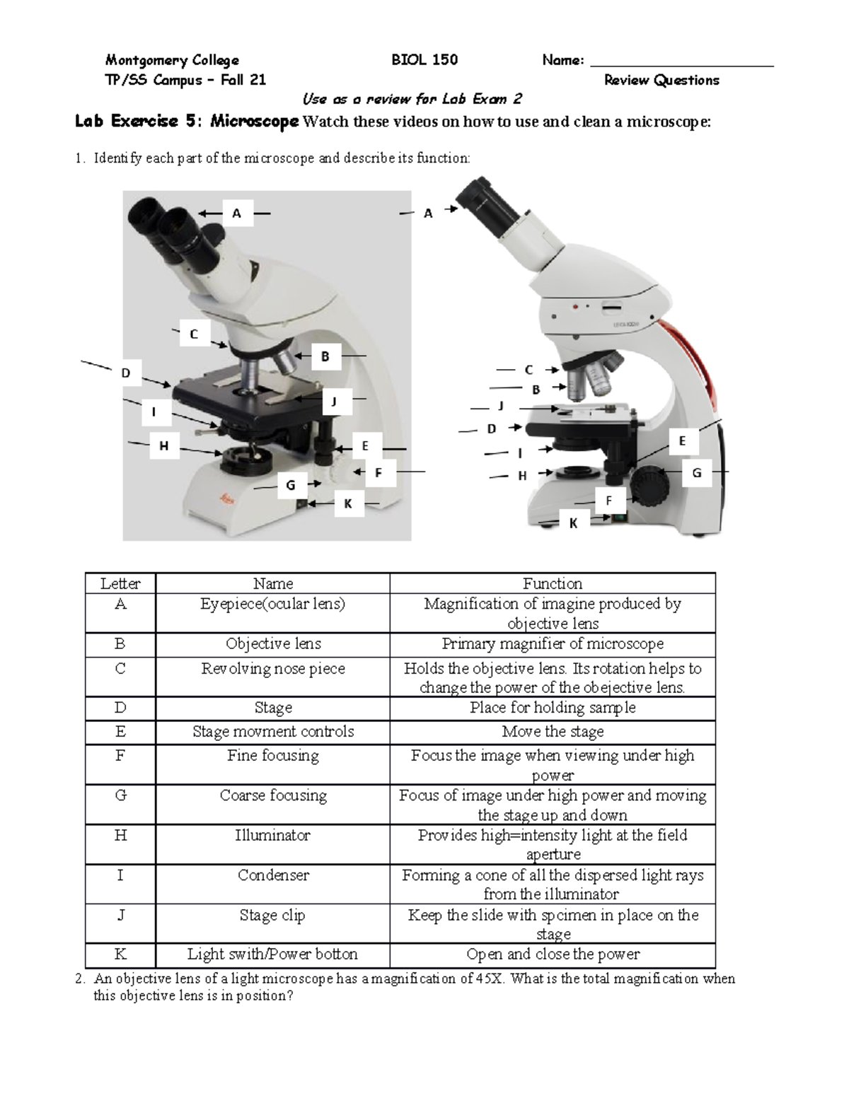 Lab Exam 2 Review Packet F21 TPSS - Montgomery College BIOL 150 Name: _____________________ TP ...