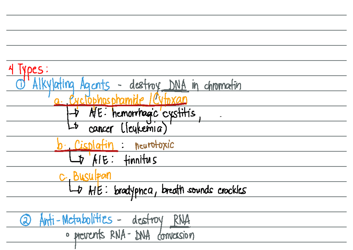 Pharma Lec 2 - Pharm lec notes - 4 Types: i Alkylating Agents destroy ...