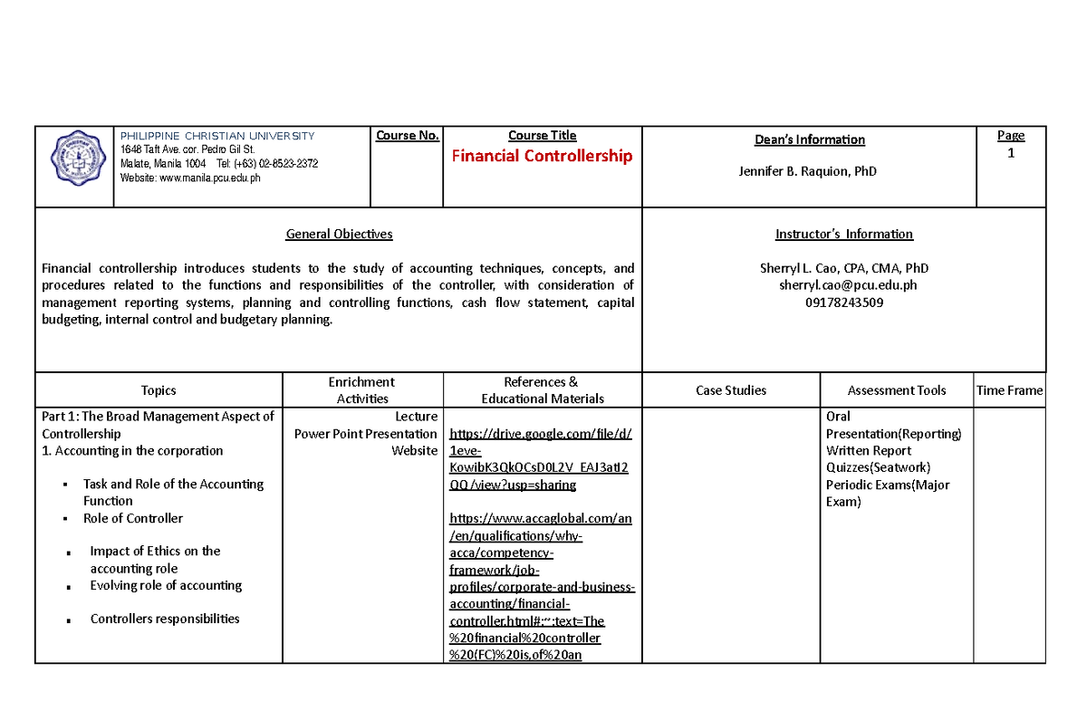 Financial Controllership with the accountants - PHILIPPINE CHRISTIAN ...