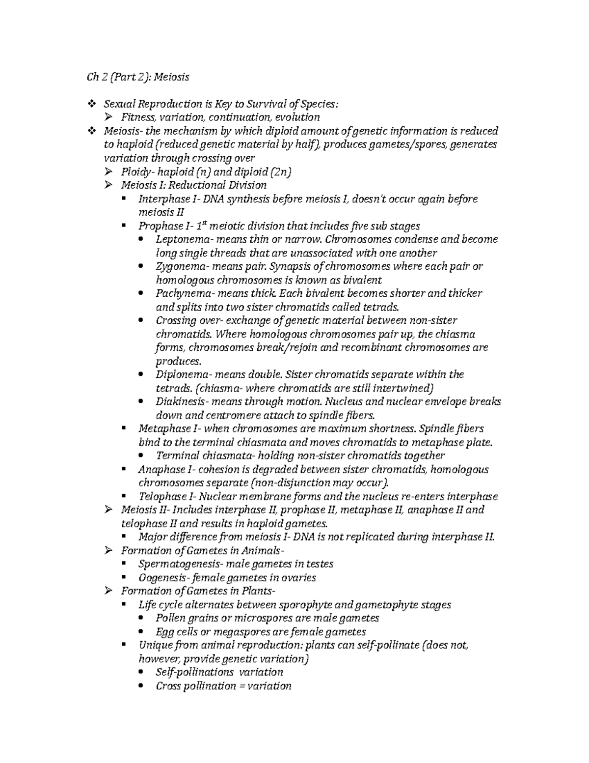 Gen 3020 ch 2 part 2 - Lecture Notes - Ch 2 (Part 2): Meiosis Sexual ...