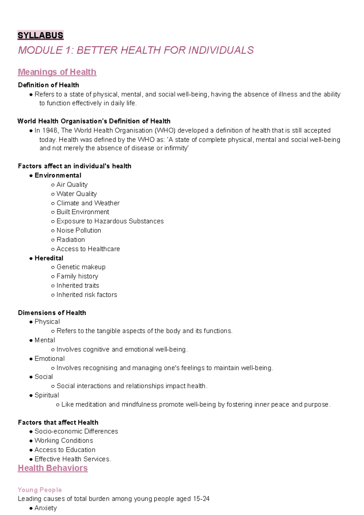 Pdhpe - SYLLABUS MODULE 1: BETTER HEALTH FOR INDIVIDUALS Meanings of ...