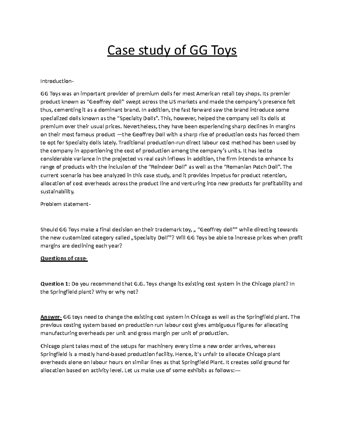 Case study of GG Toys - Case study of GG Toys Introduction- GG Toys was an important provider of ...