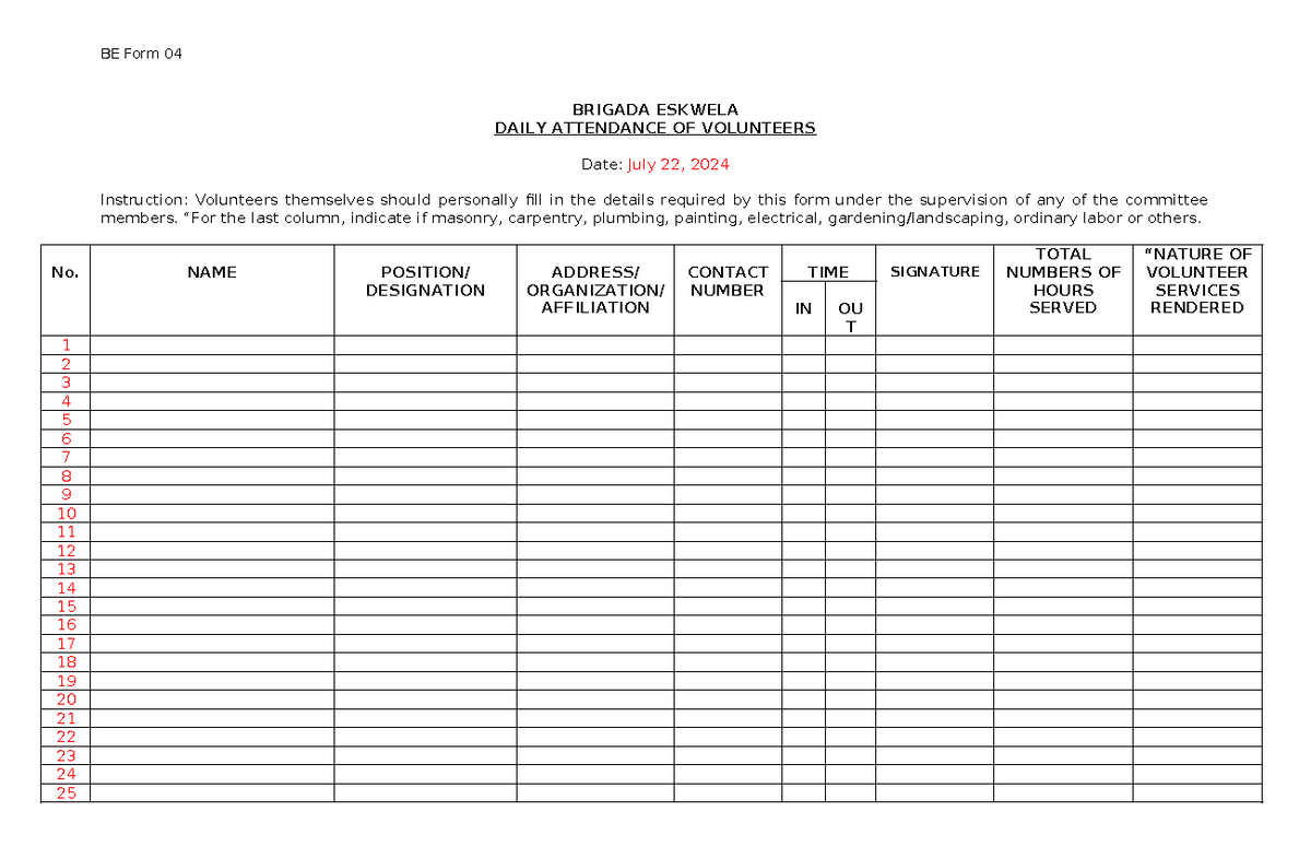 BE-Form-04-Daily-Attendance-of-Volunteers 065526 - BE Form 04 BRIGADA ...