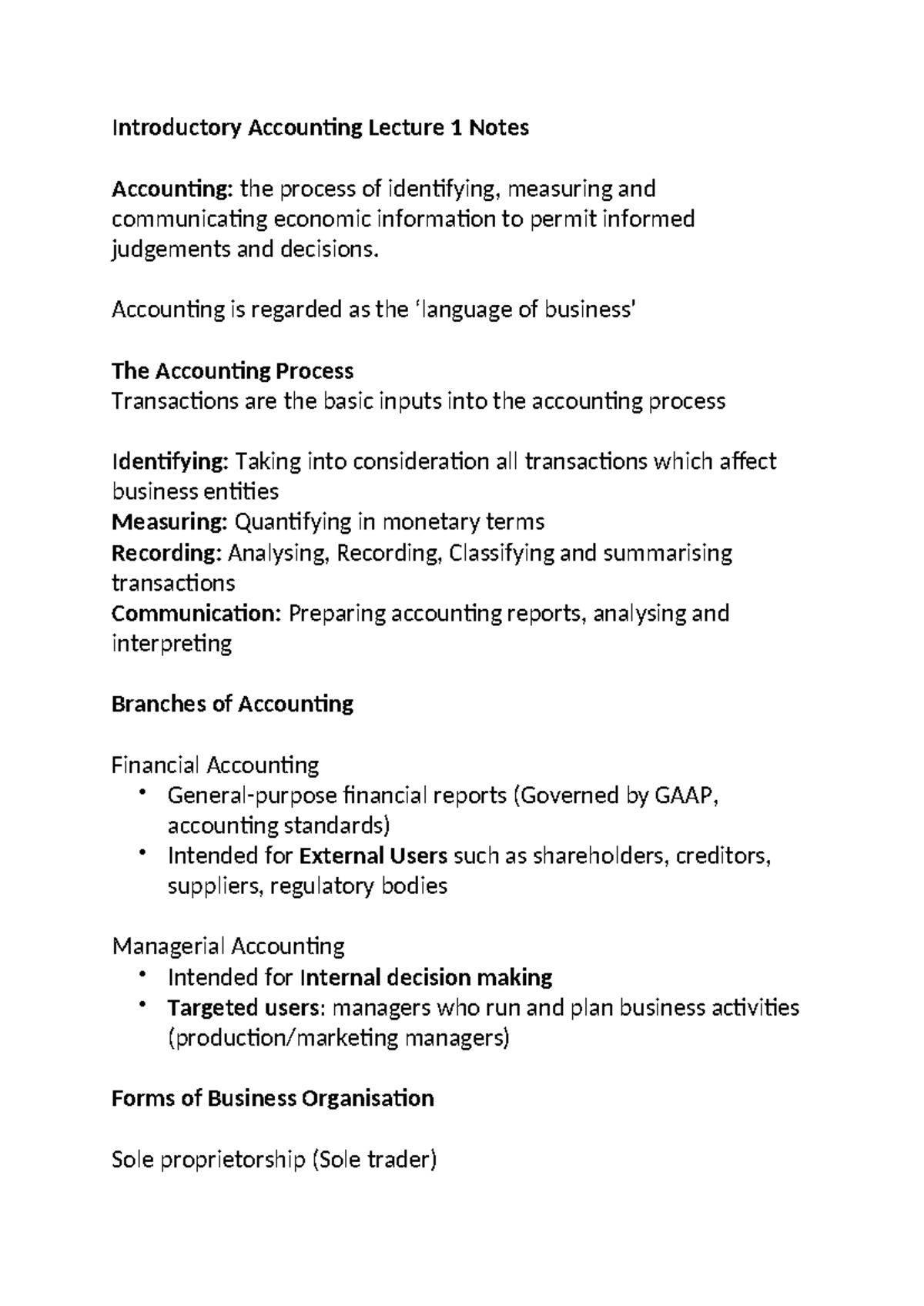 Introductory Accounting Lecture 1 Notes - Accounting is regarded as the ...