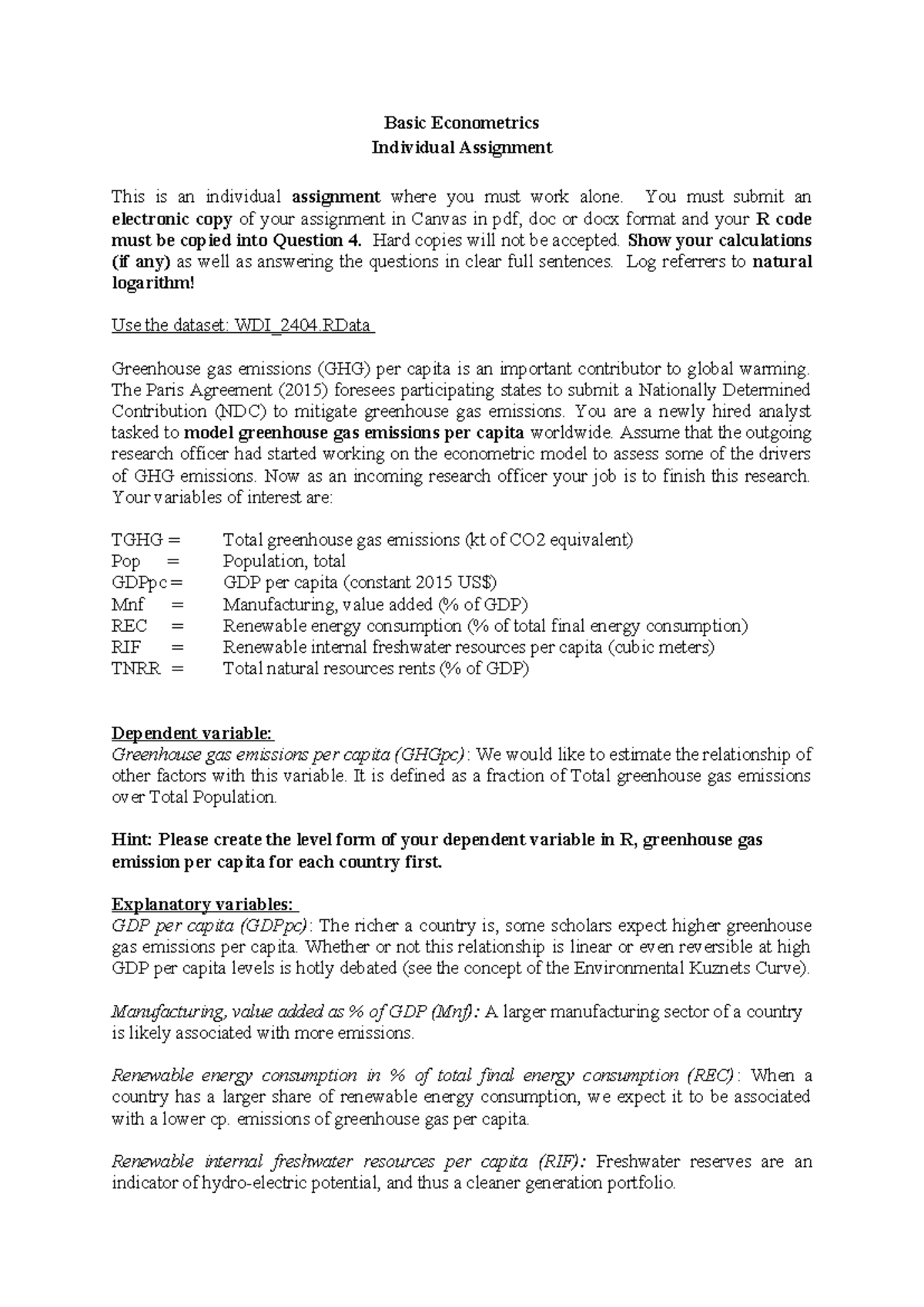 Indiv Home Assignment ECON1066 2410 - Basic Econometrics Individual Assignment This is an ...