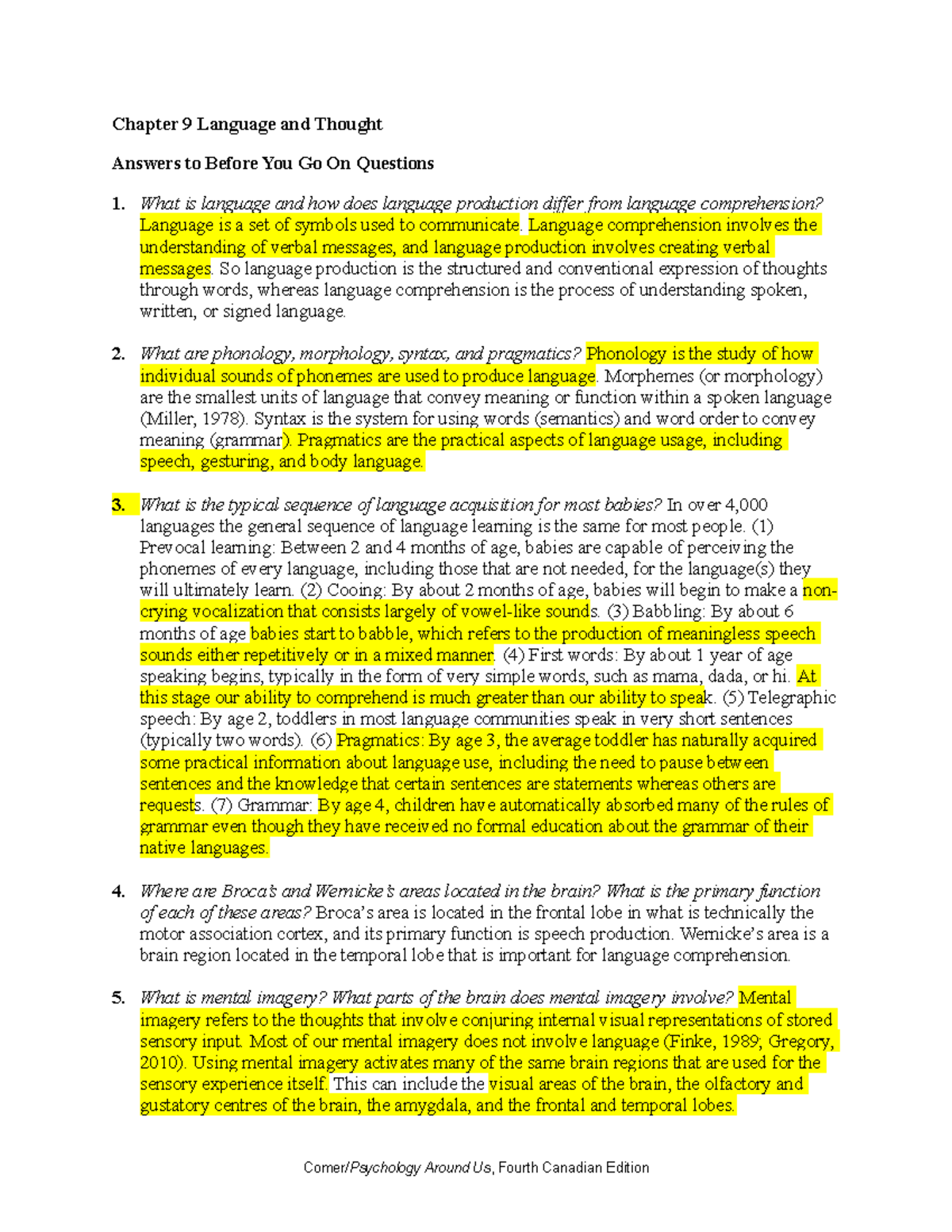 Comer 4ce ch09 BYGOanswers - Chapter 9 Language and Thought Answers to ...