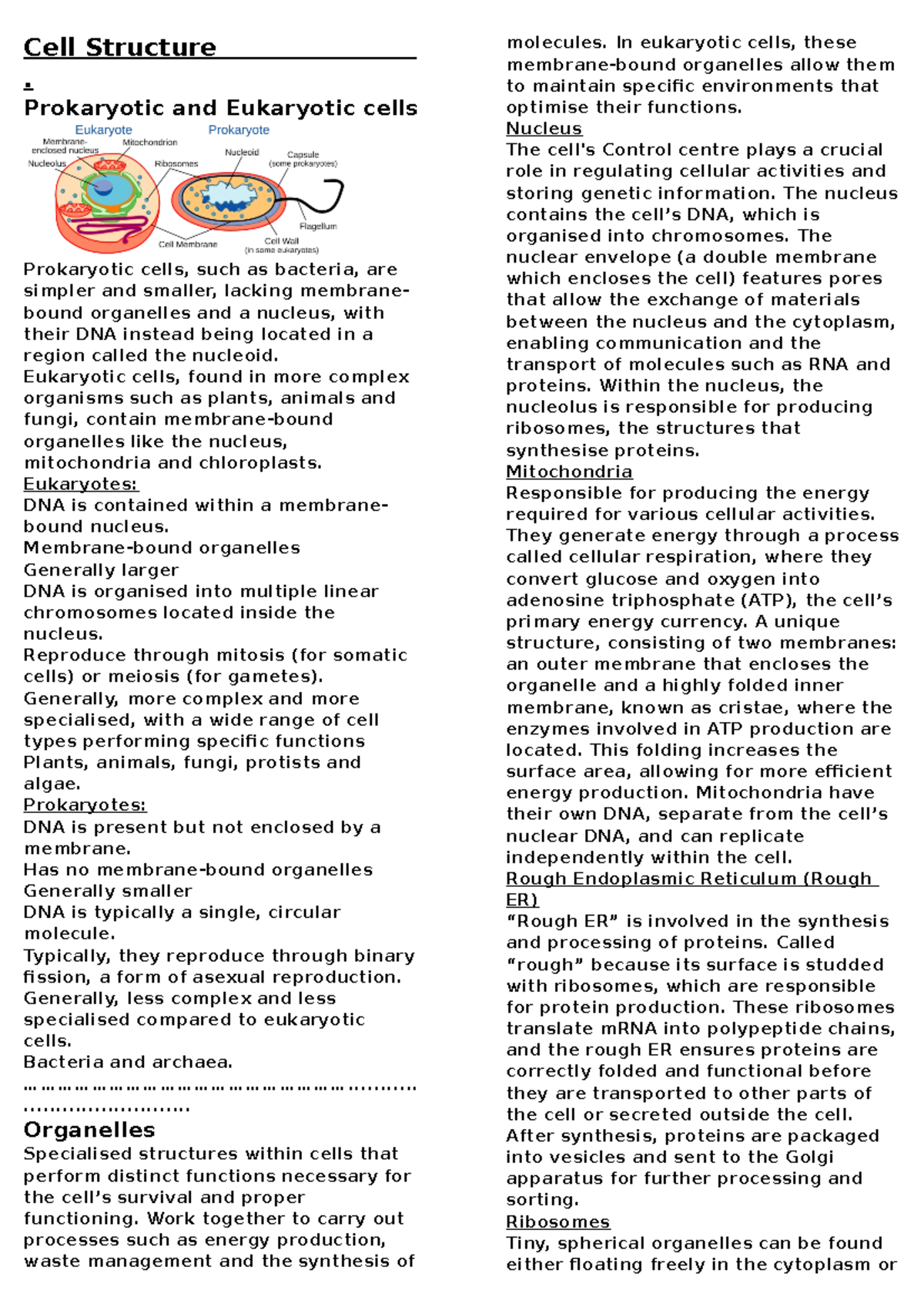 Revision sheet - Cell Structure . Prokaryotic and Eukaryotic cells ...
