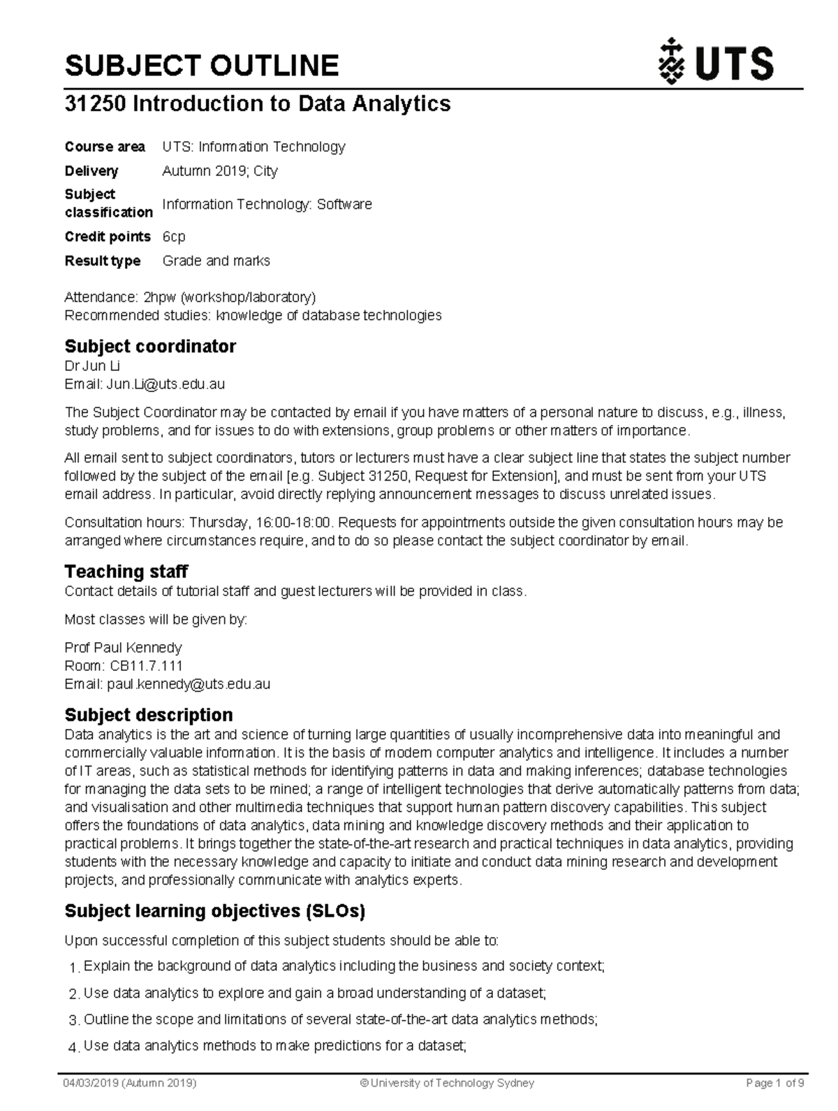 Introduction to Data Analytics Subject Outline - SUBJECT OUTLINE 31250 Introduction to Data ...