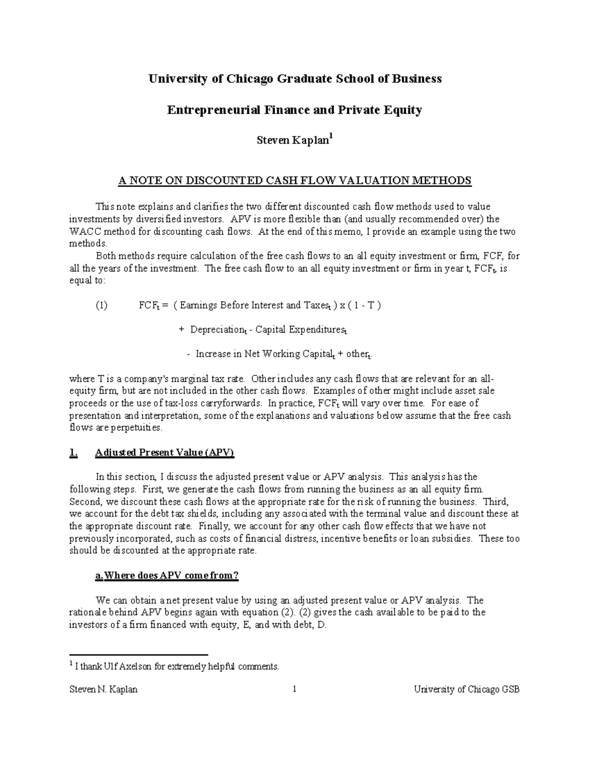 Valuation Note - University of Chicago Graduate School of Business ...