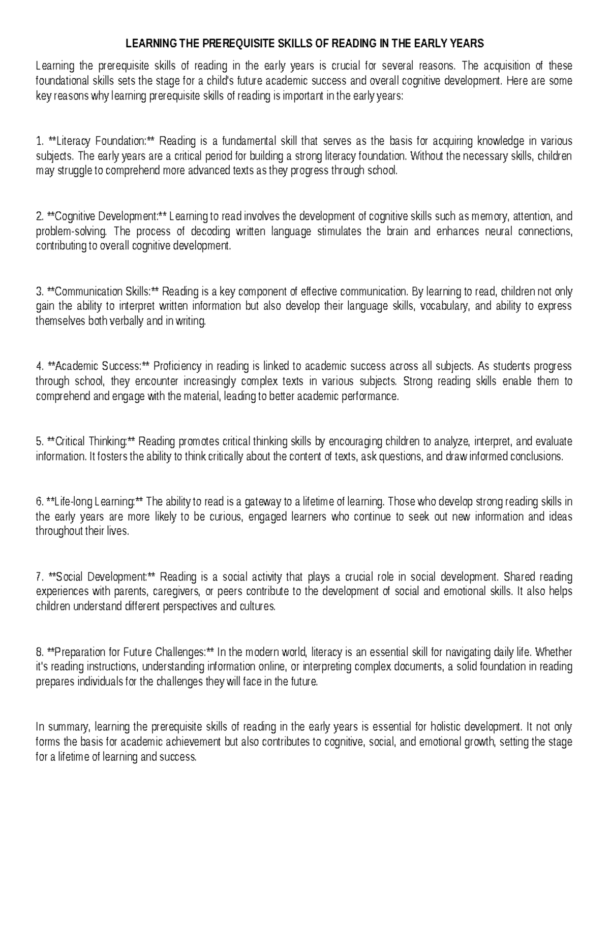 Learning THE Prerequisite Skills OF Reading IN THE Early Years ...