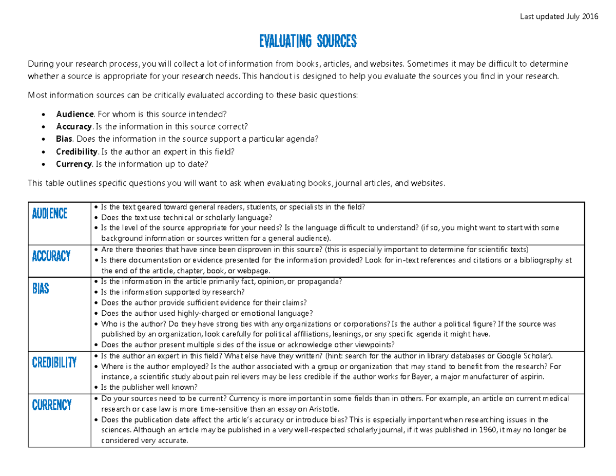 Evaluating sources - Evaluating sources During your research process ...