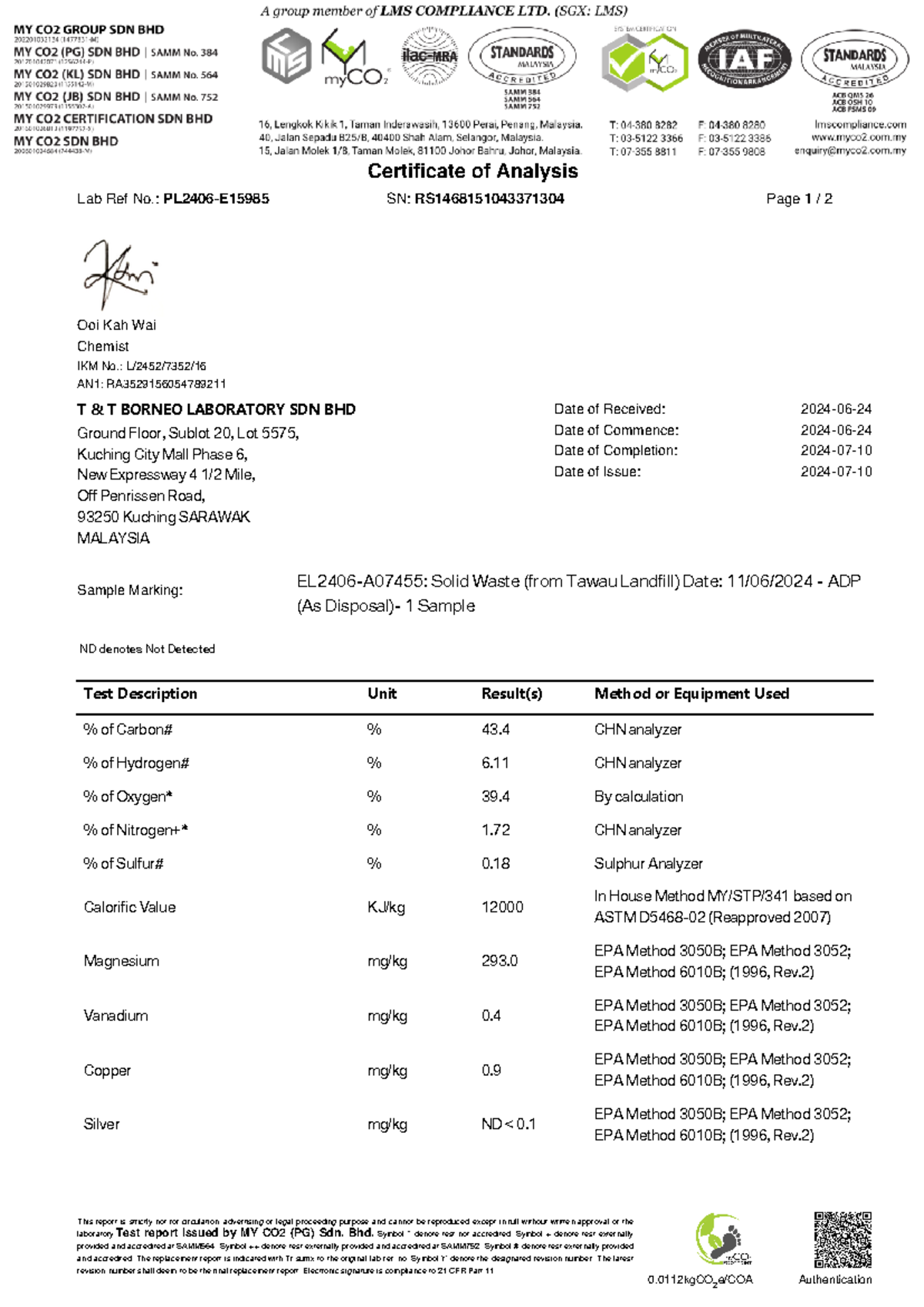 001 analysis - Solid Waste - Certificate of Analysis Lab Ref No ...
