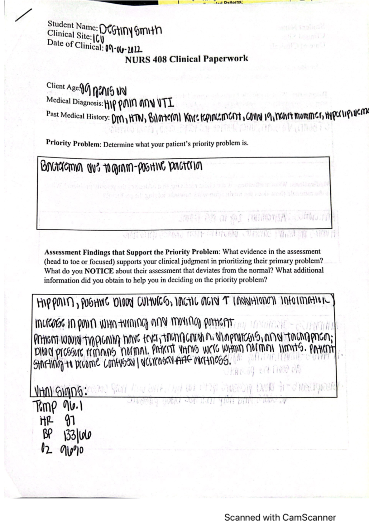 Clinical paperwork icu 2 - Clinical Site:ICU Student Name: Destiny ...