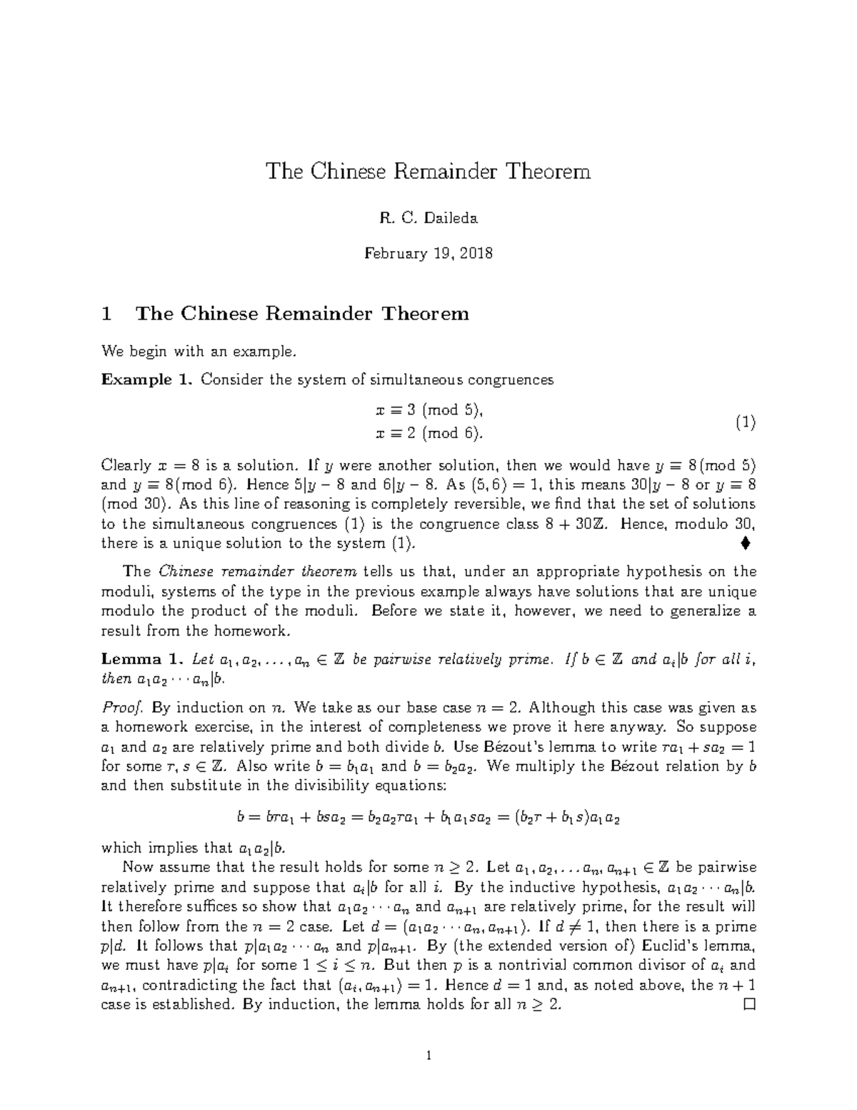 CRT - CRT - The Chinese Remainder Theorem R. C. Daileda February 19 ...