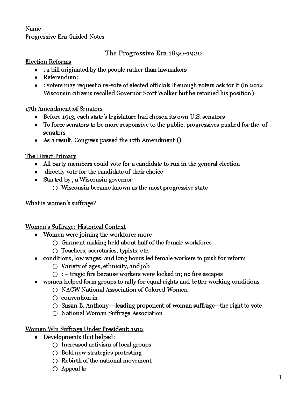 Progressive Era Guided Notes with blanks - Name Progressive Era Guided ...