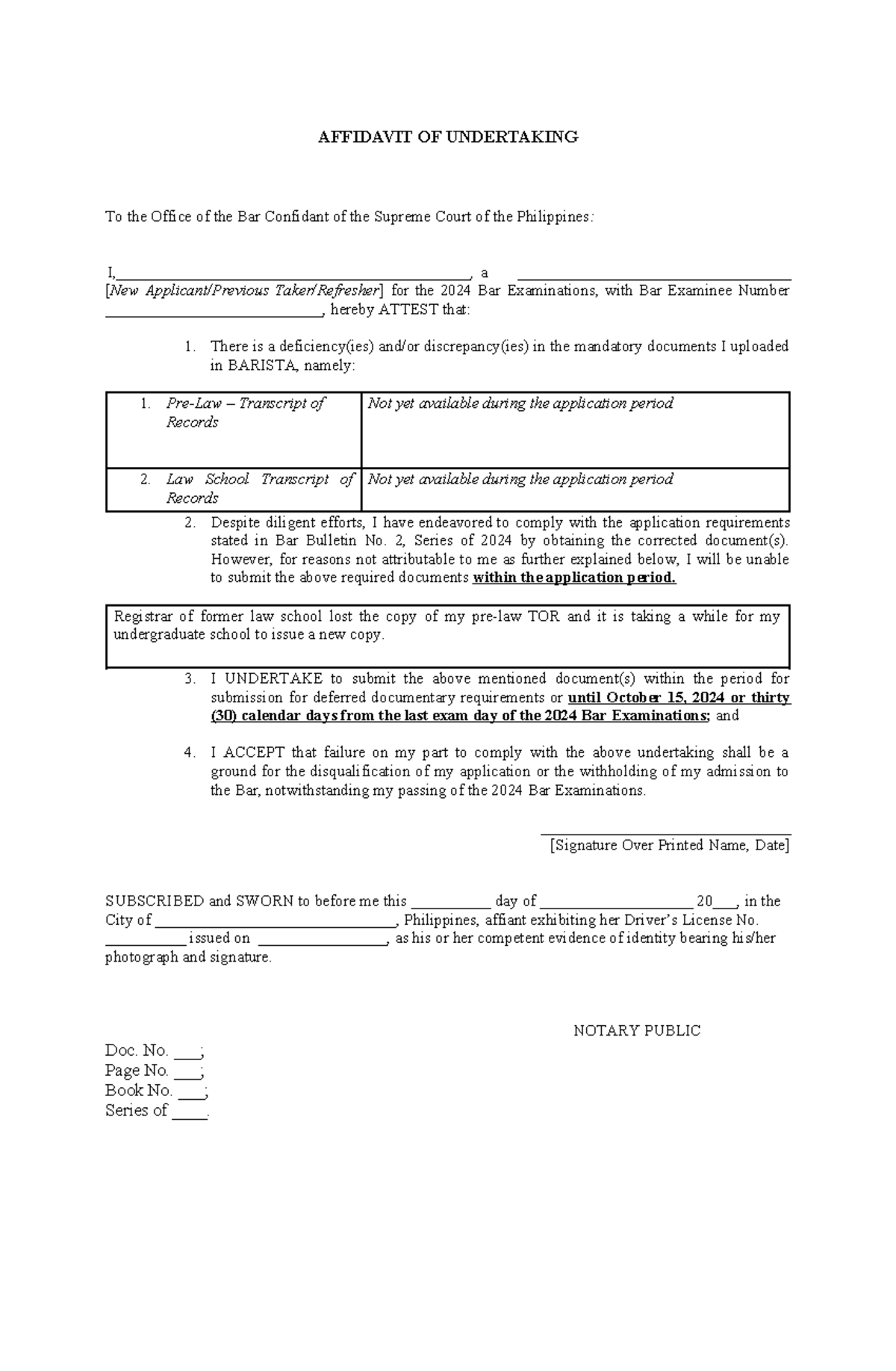Affidavit OF Undertaking - AFFIDAVIT OF UNDERTAKING To the Office of ...