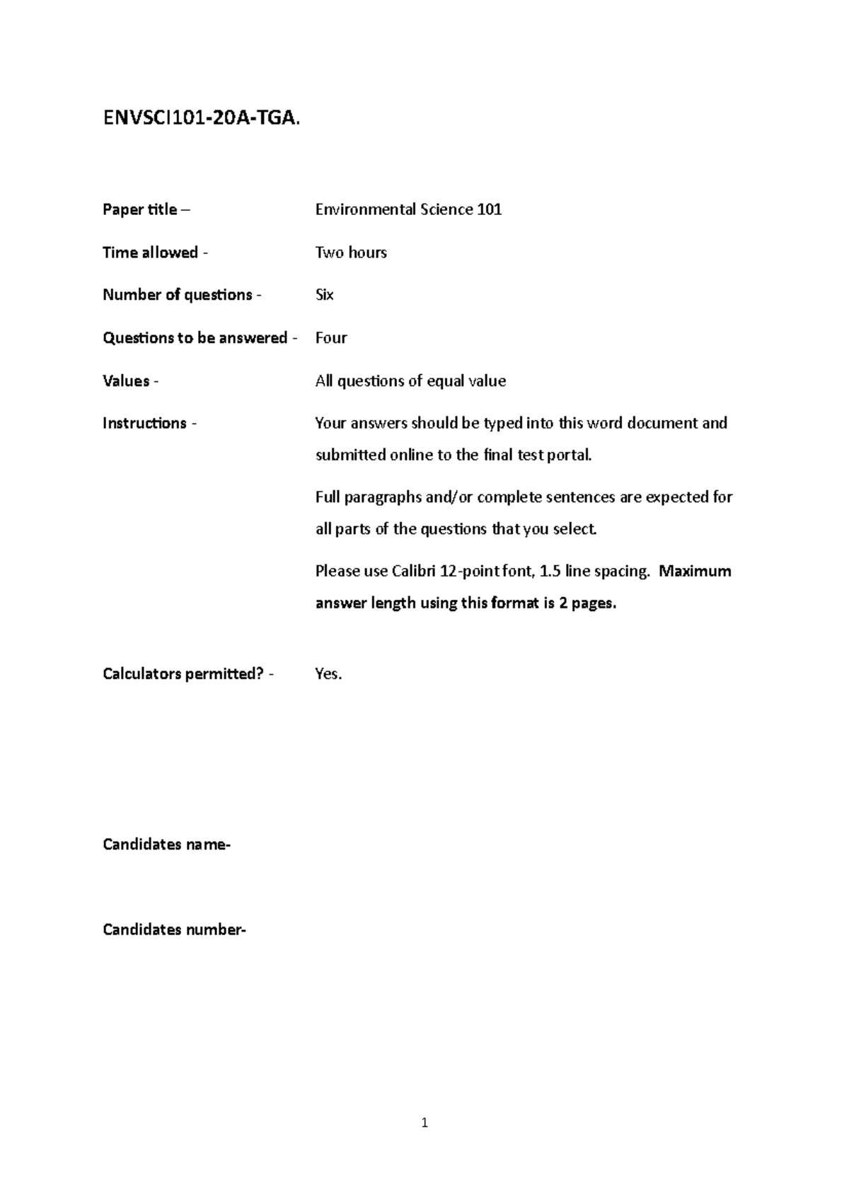 Final Test Revision - ENVSCI101-20A-TGA. Paper title – Environmental ...